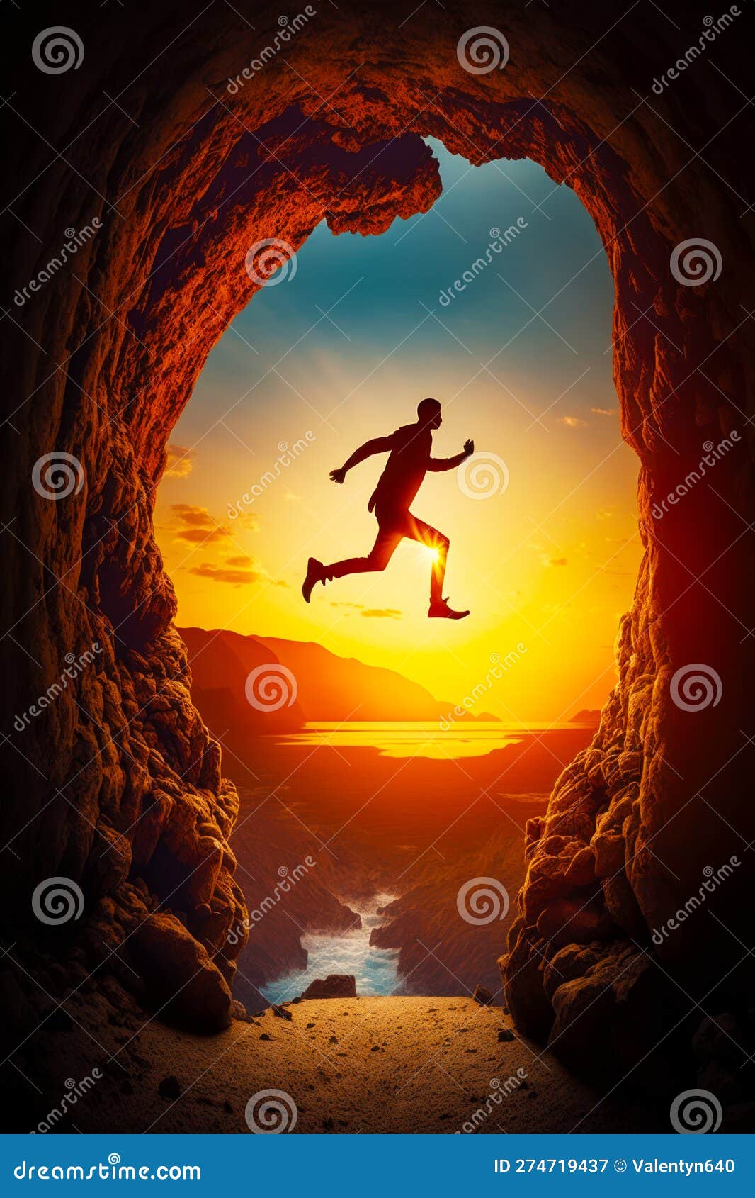 Man is Jumping Out of Cave into River As the Sun Sets. Generative AI ...