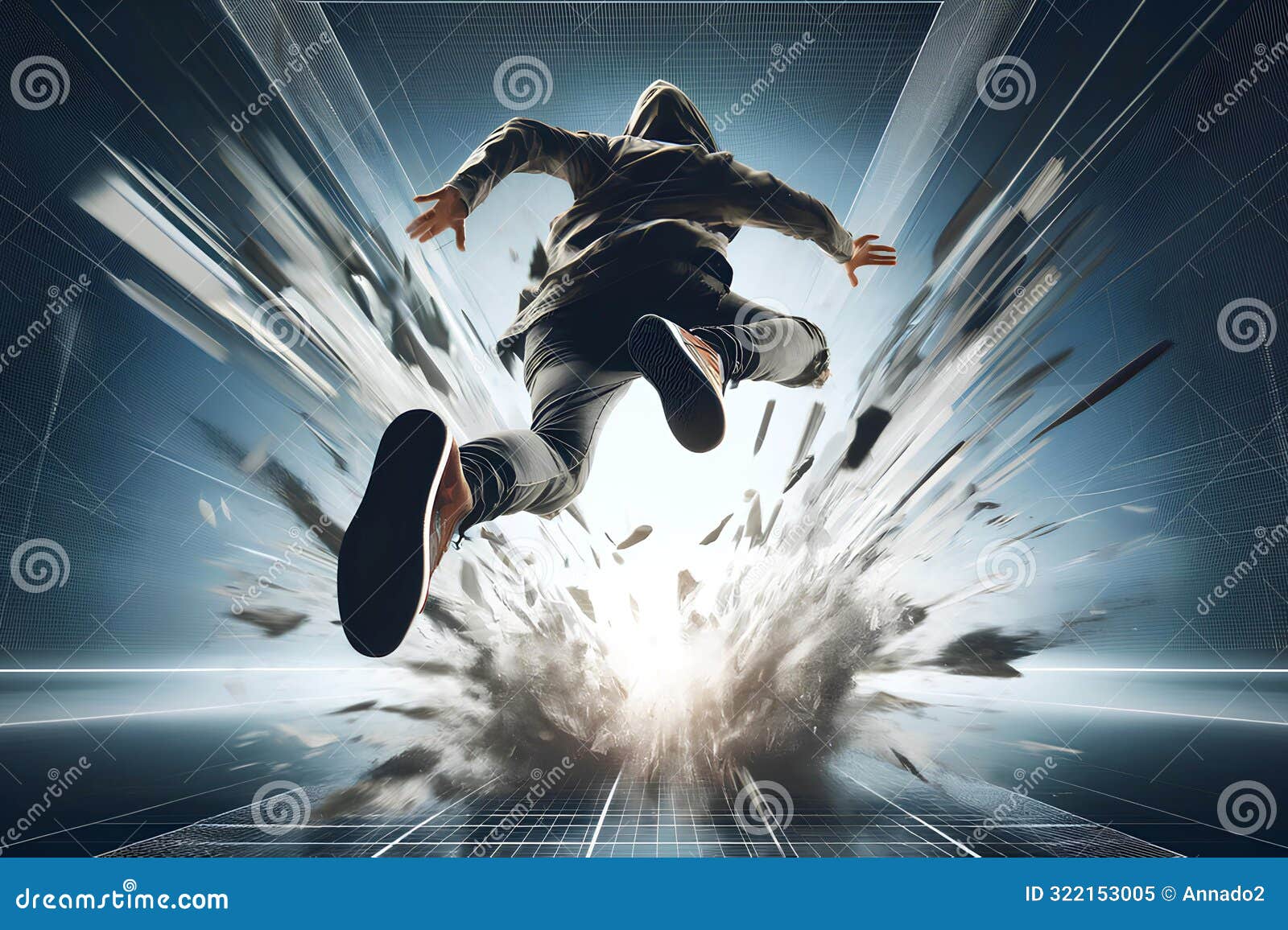 Man Jumping Out of Digital Screen Feet First, Virtual World Concept ...