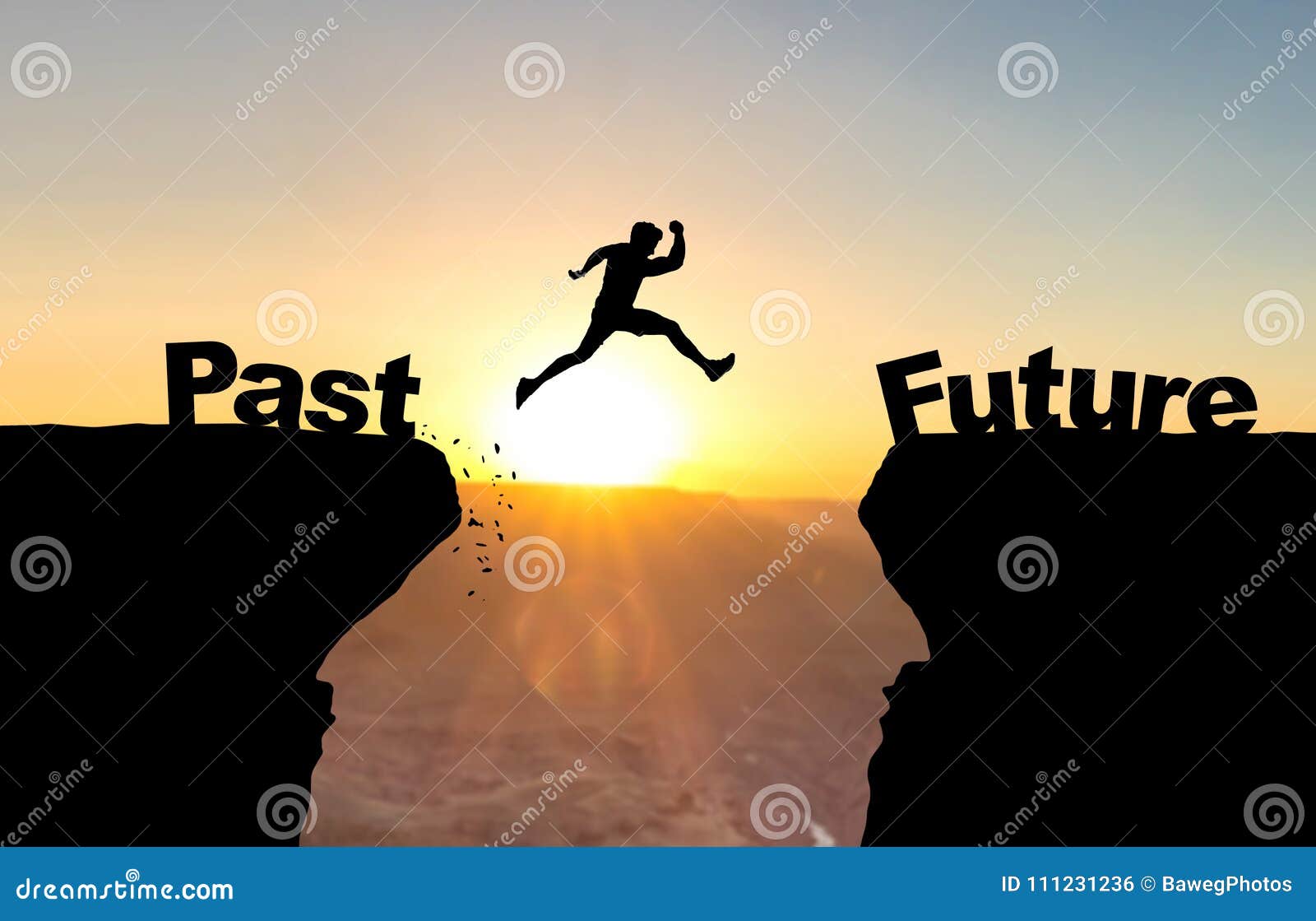 Man Jumping Over Abyss with Text Past/Future. Stock Illustration ...