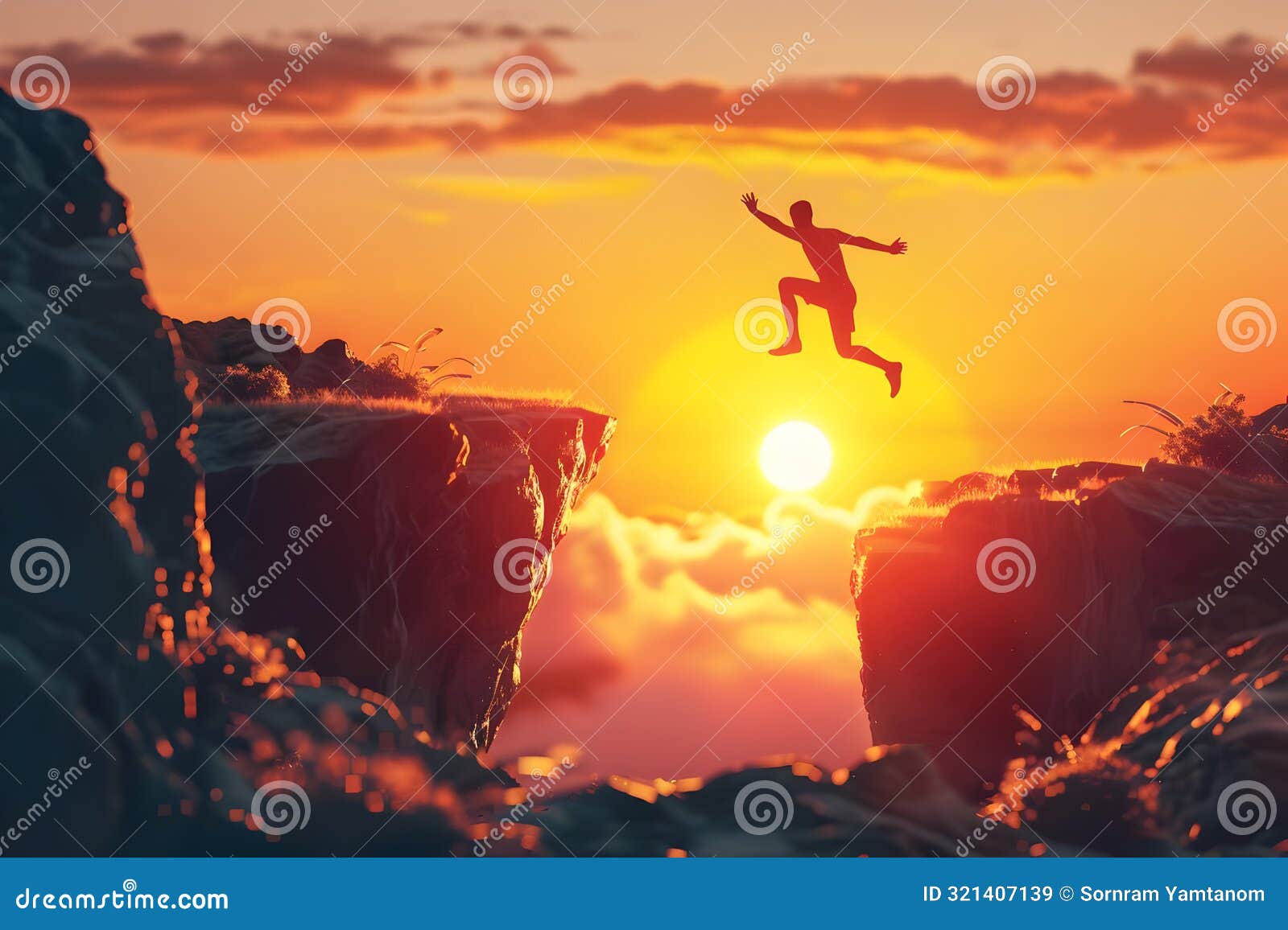A Man Jumping Over the Chasm between Two Cliffs, with Sunset in ...