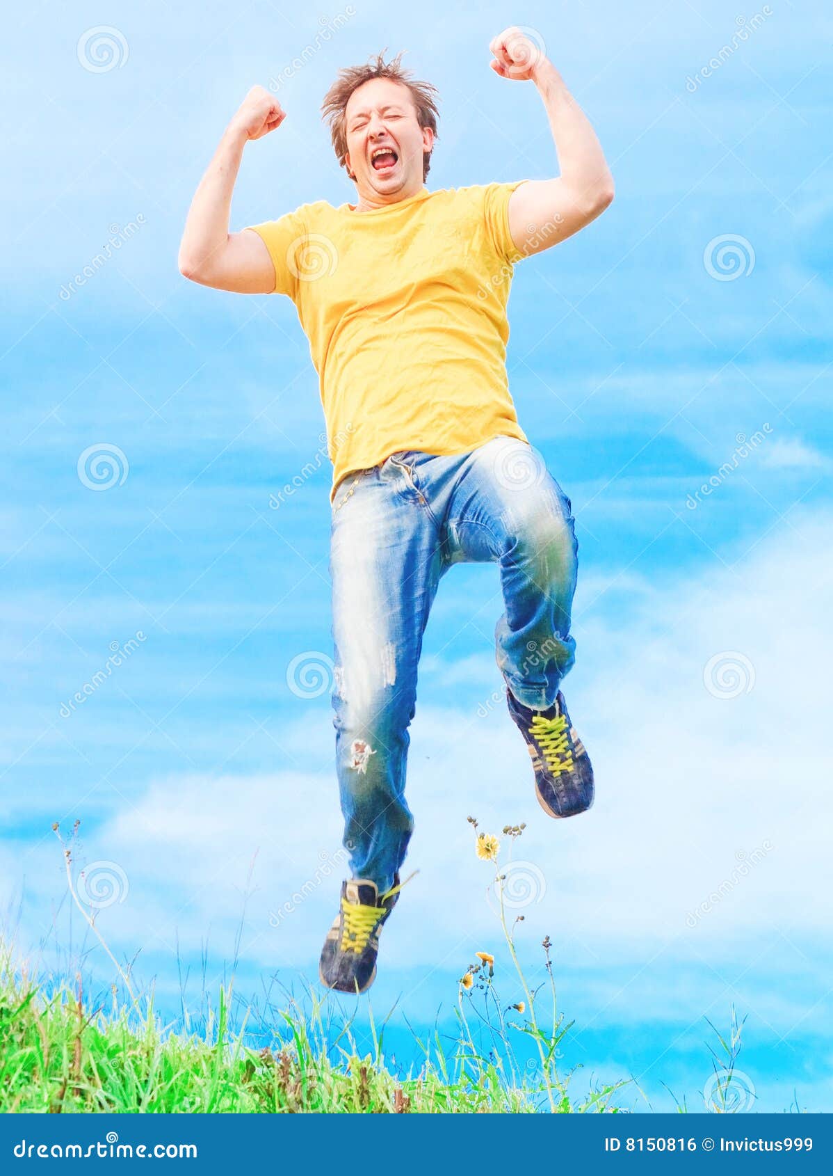 Man jumps stock photo. Image of life, meadow, leap, clouds - 8150816
