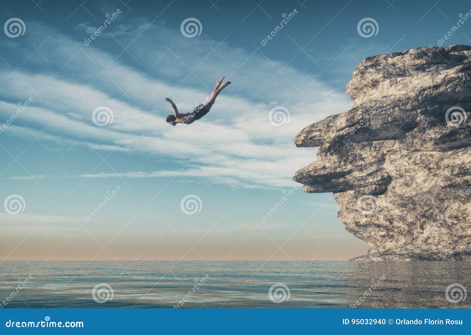 Man Jumps into the Ocean from a Cliff. this is a 3d Render Illus Stock ...