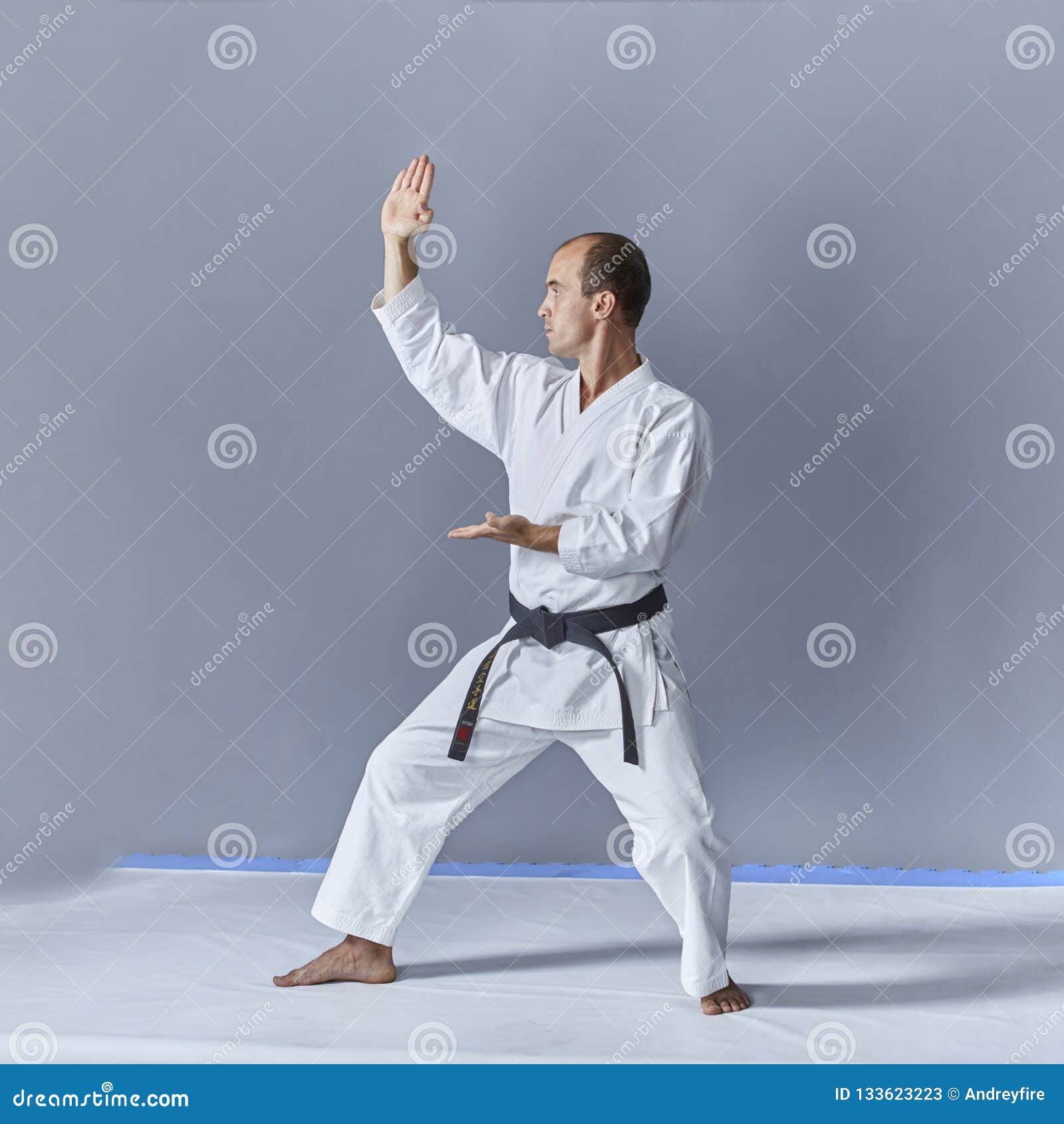 A Man in Karategi Trains a Formal Karate Exercise on a Gray Background ...