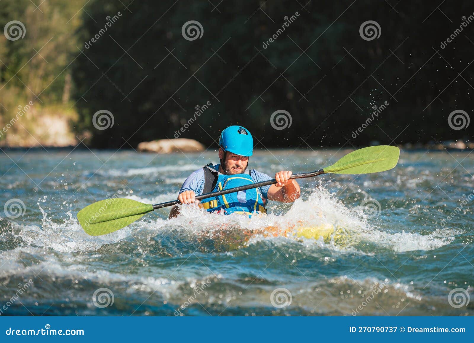 Man in Kayak Crossing Over Whitewater Rapids Stock Image - Image of ...
