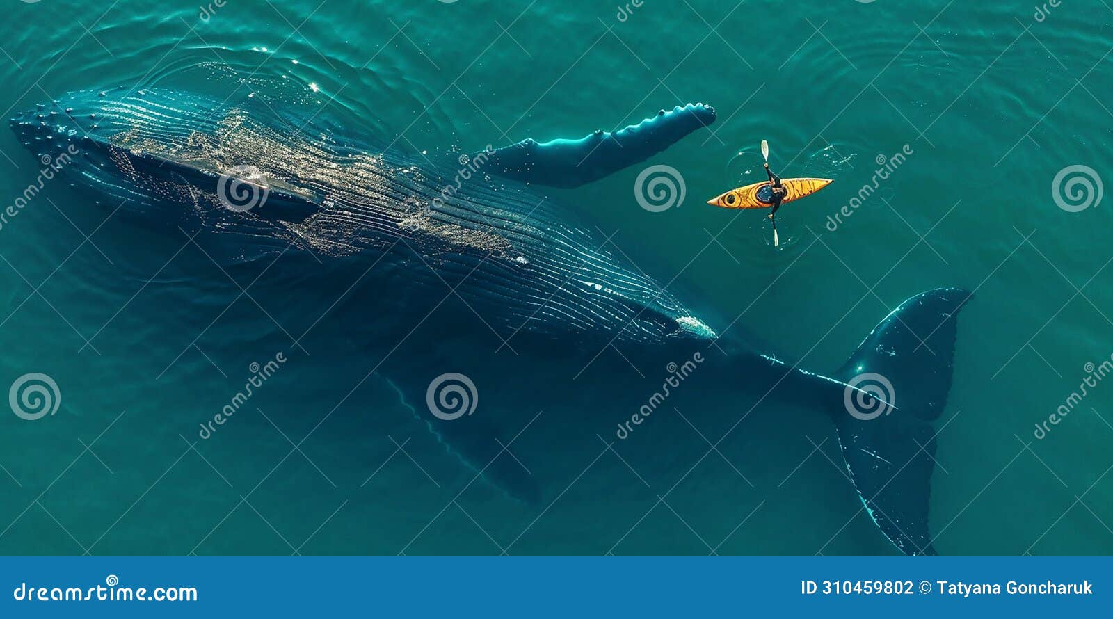 A Man in a Kayak Swims Next To a Large Whale. Top View. Stock ...