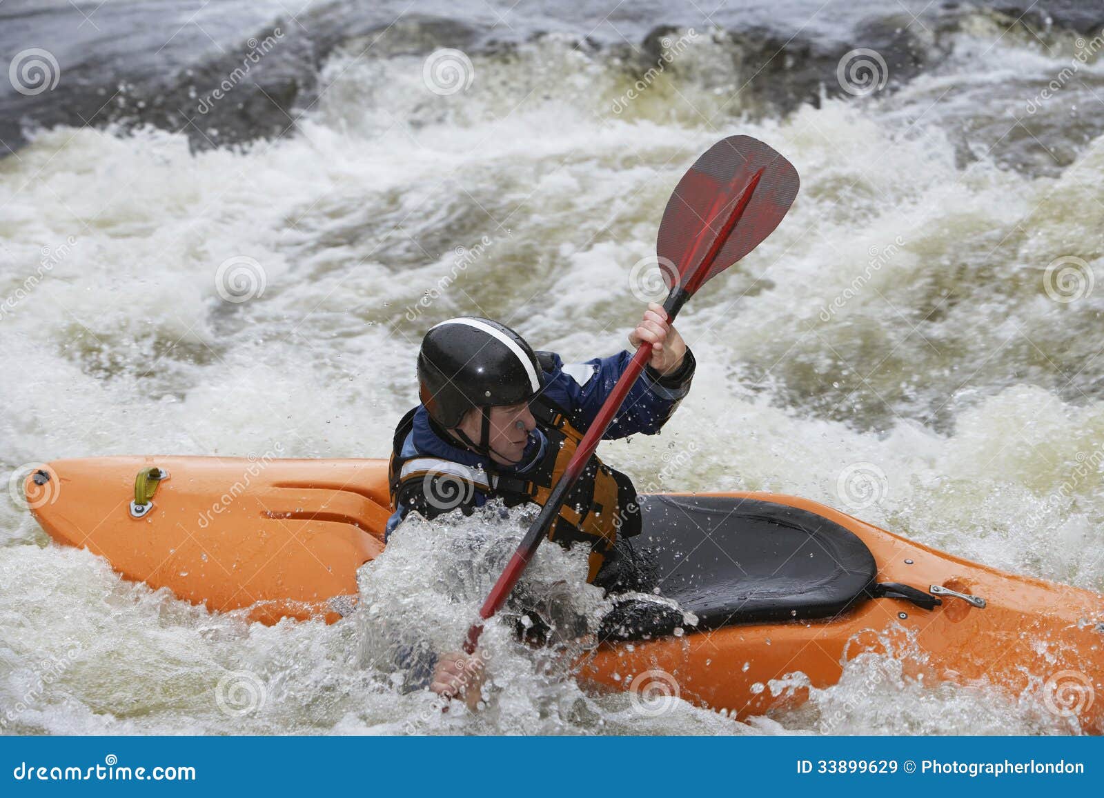 Man kayaking in river stock image. Image of jacket, helmet - 33899629