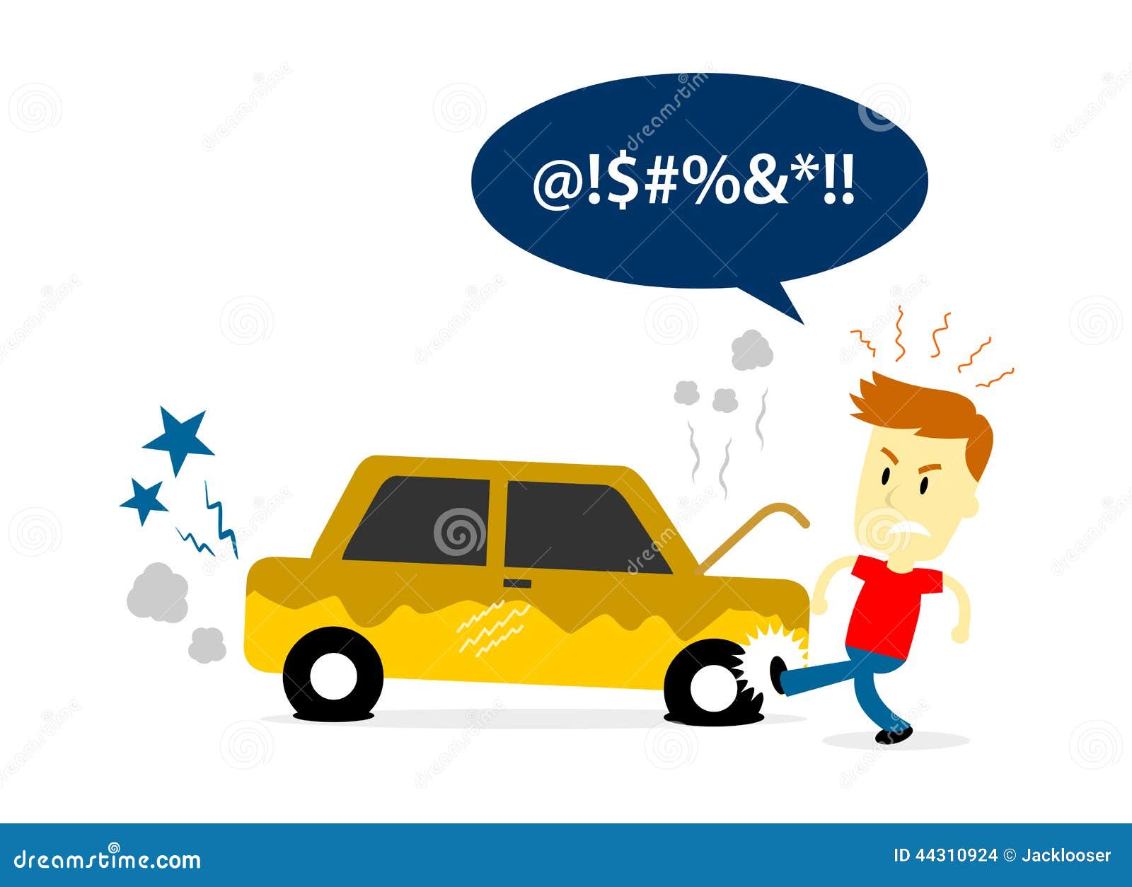 Man Kicking a Tyre of Old Broken Car Stock Vector - Illustration of ...