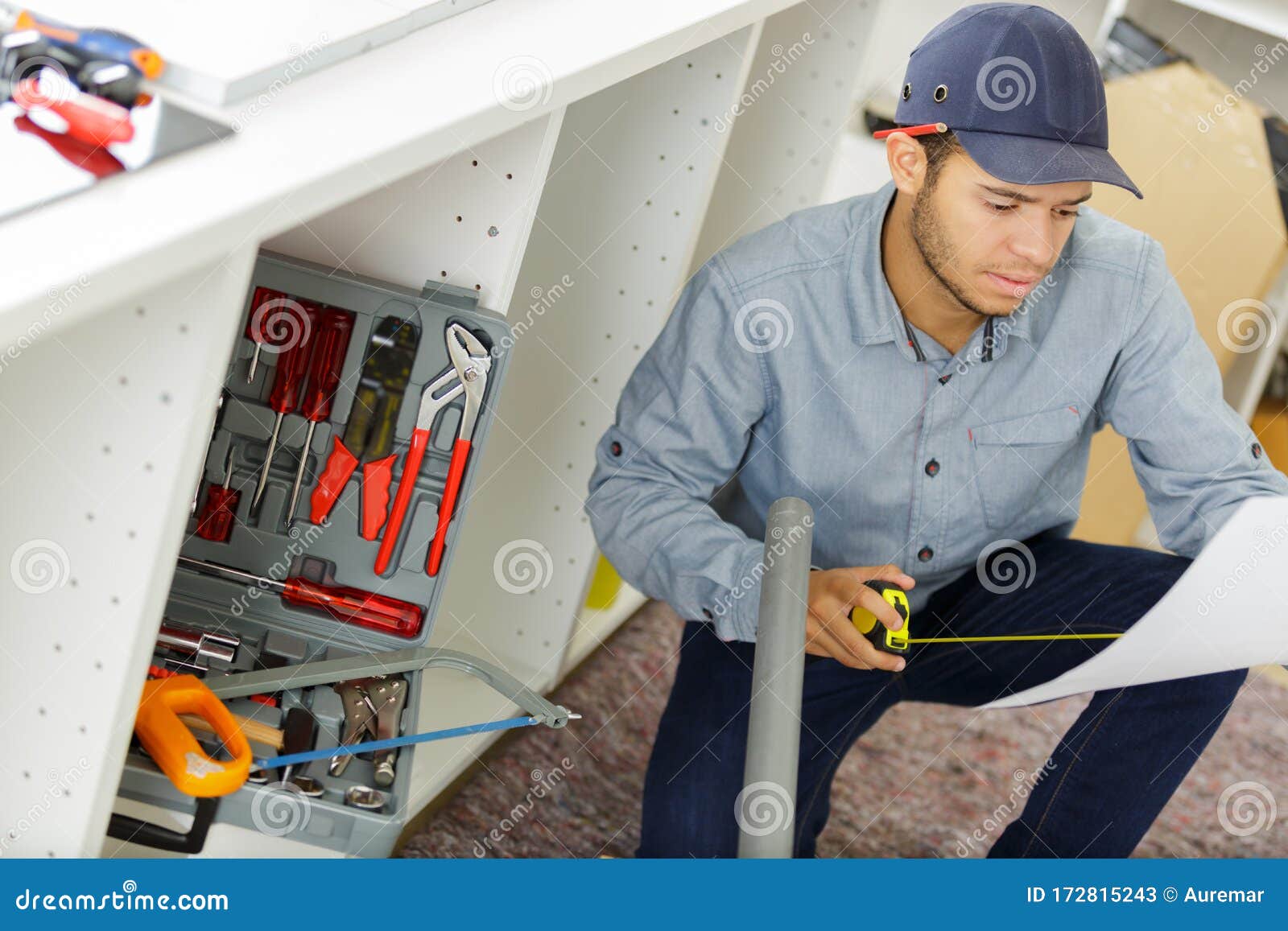 Man and Kitchen Furniture Set Installation Stock Image - Image of house ...