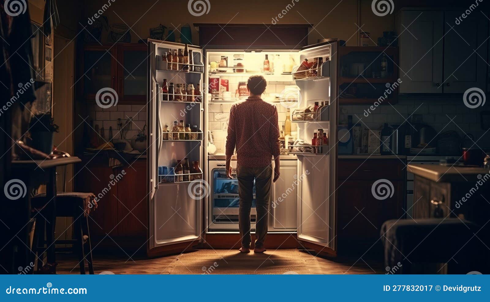 Man in Kitchen Opening Fridge Door Looking Back View. Generative AI ...