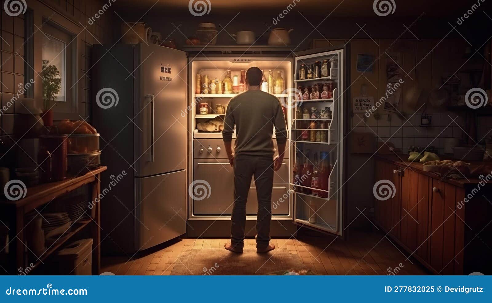 Man in Kitchen Opening Fridge Door Looking Back View. Generative AI ...