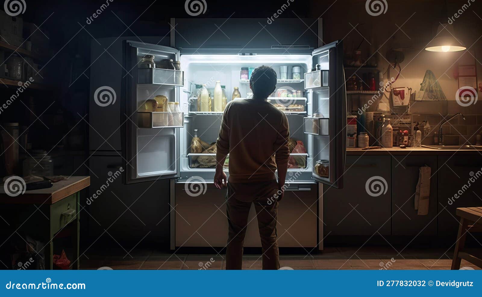Man in Kitchen Opening Fridge Door Looking Back View. Generative AI ...