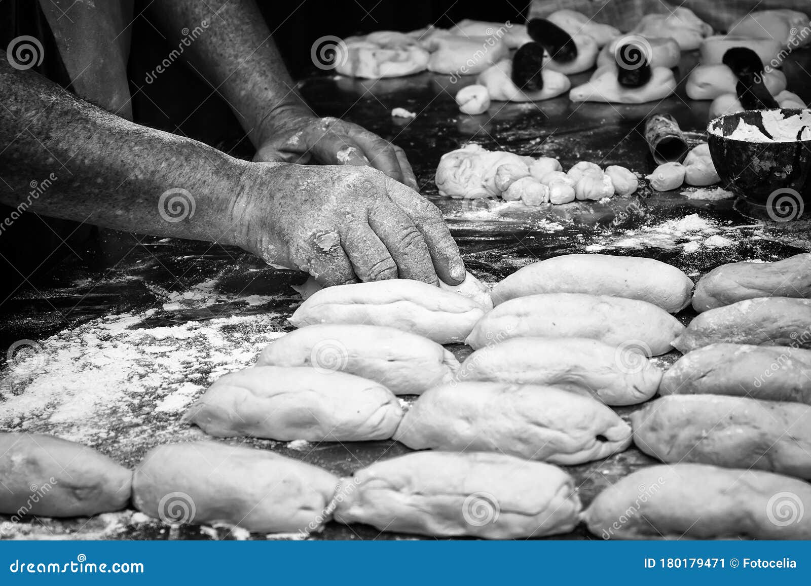 Man kneading bread stock image. Image of hands, meal - 180179471