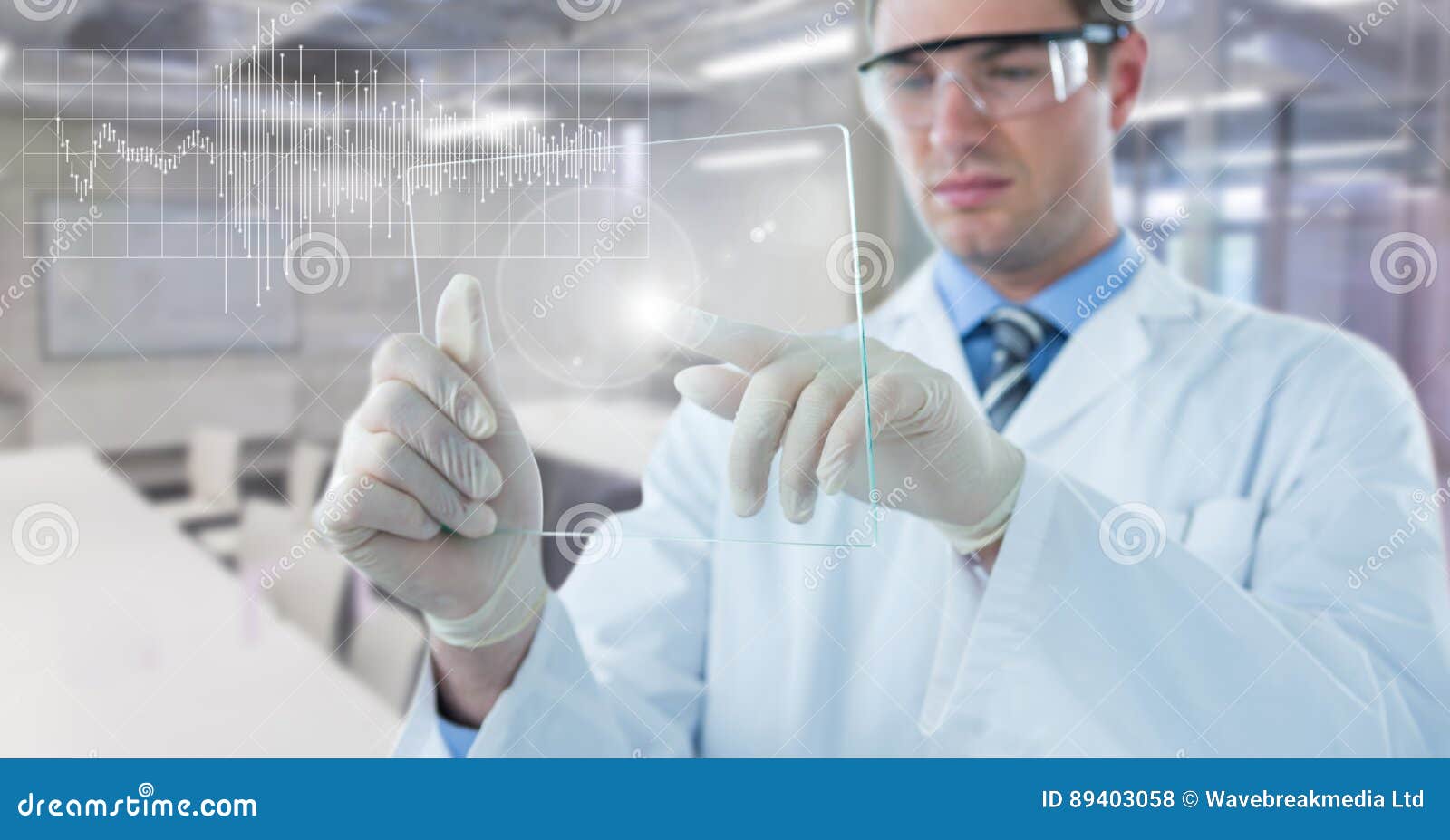 Man in Lab Coat with Glass Device and White Graph with Flare Against ...