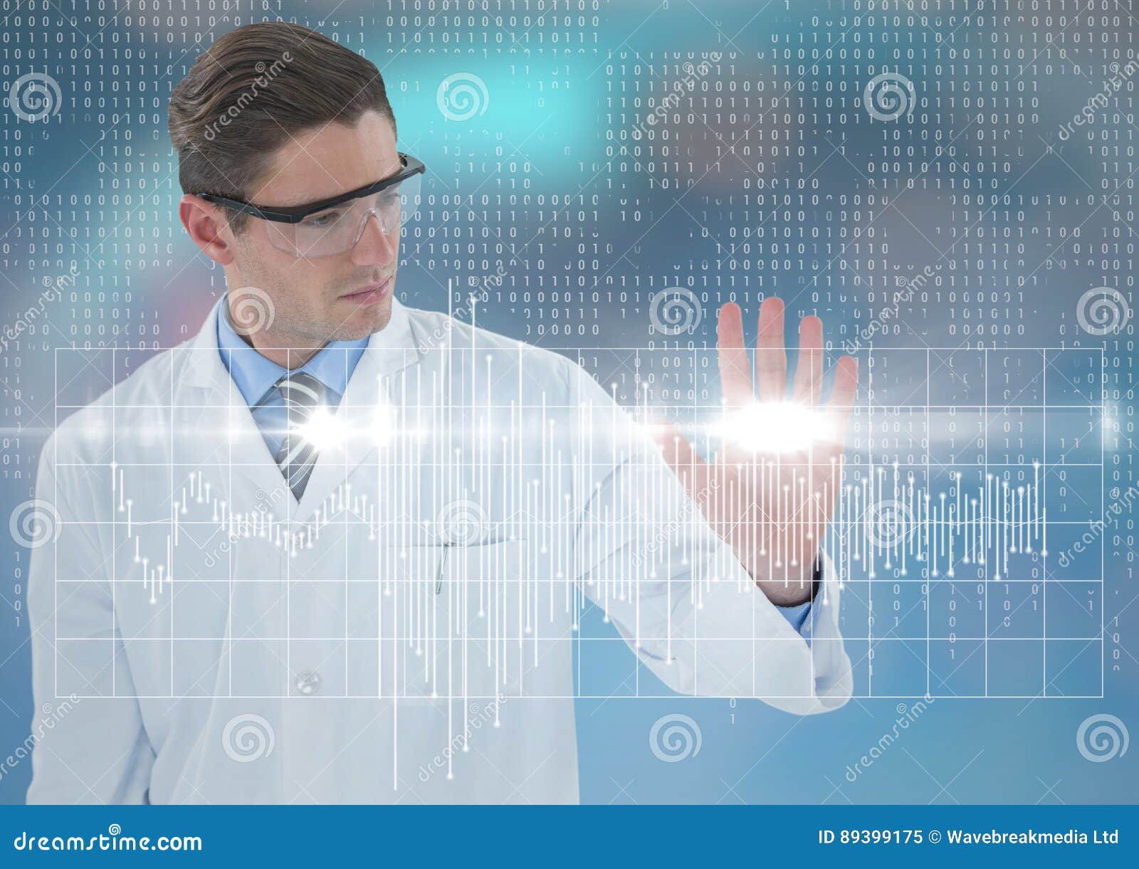 Man in Lab Coat and Goggles with White Graph and Flare Against Blue ...