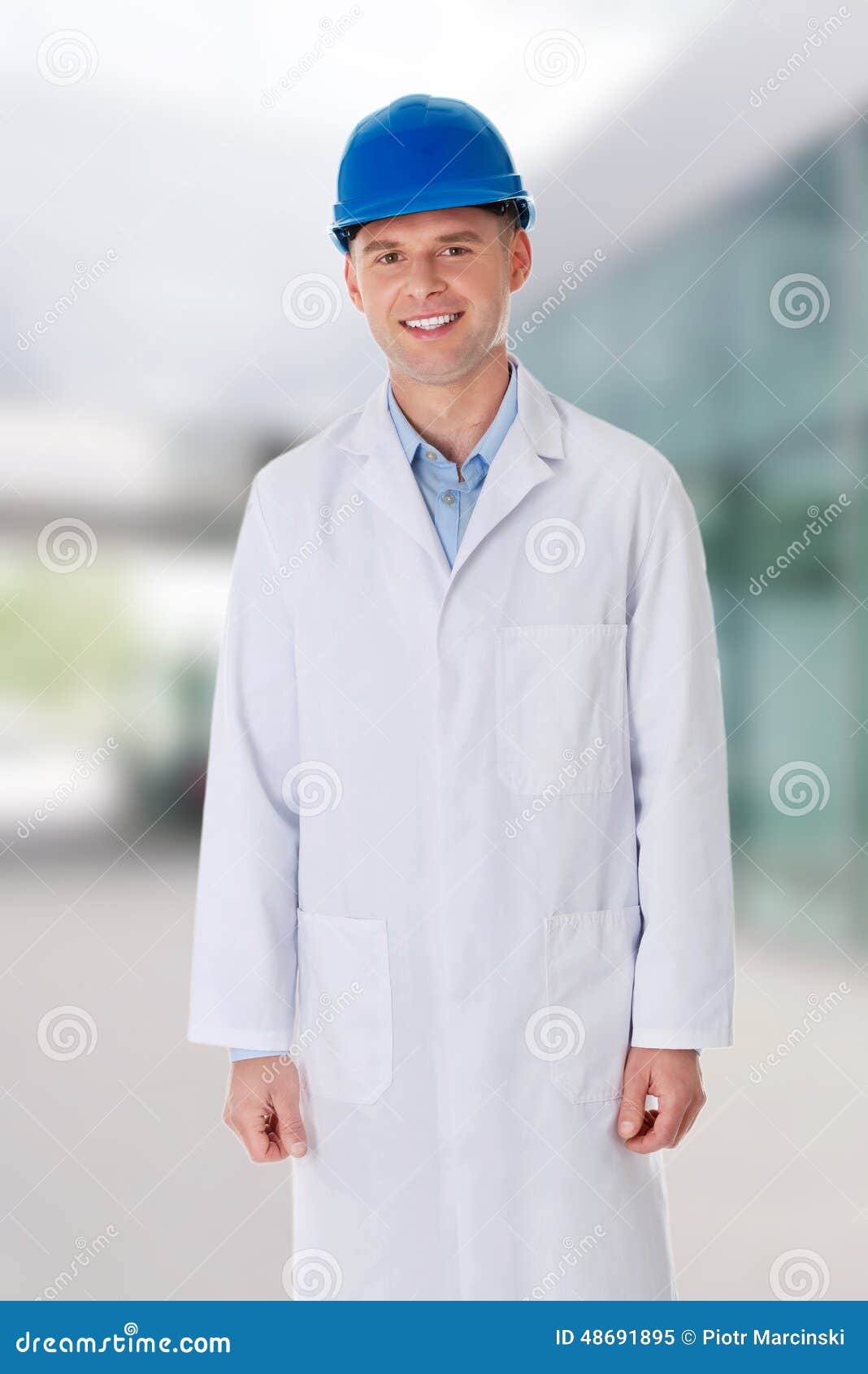 Man in a Lab Coat and Helmet Stock Image - Image of expression, safety ...