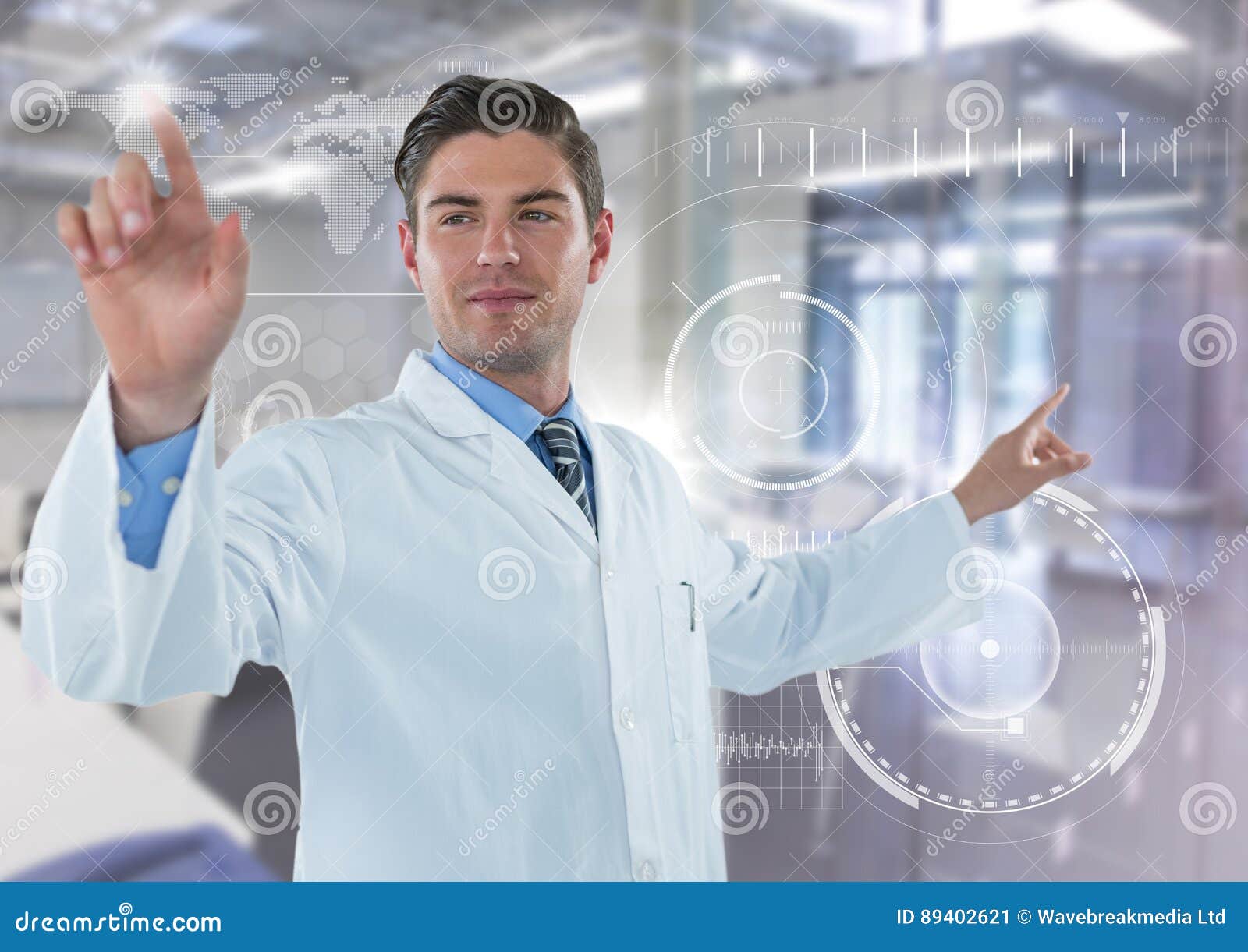 Man in Lab Coat Pointing with Flare Against White Interface and Blurry ...