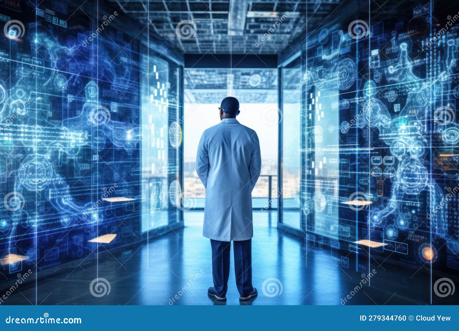 A Man in a Lab Coat Standing in Front of a Wall of Digital Images Stock ...