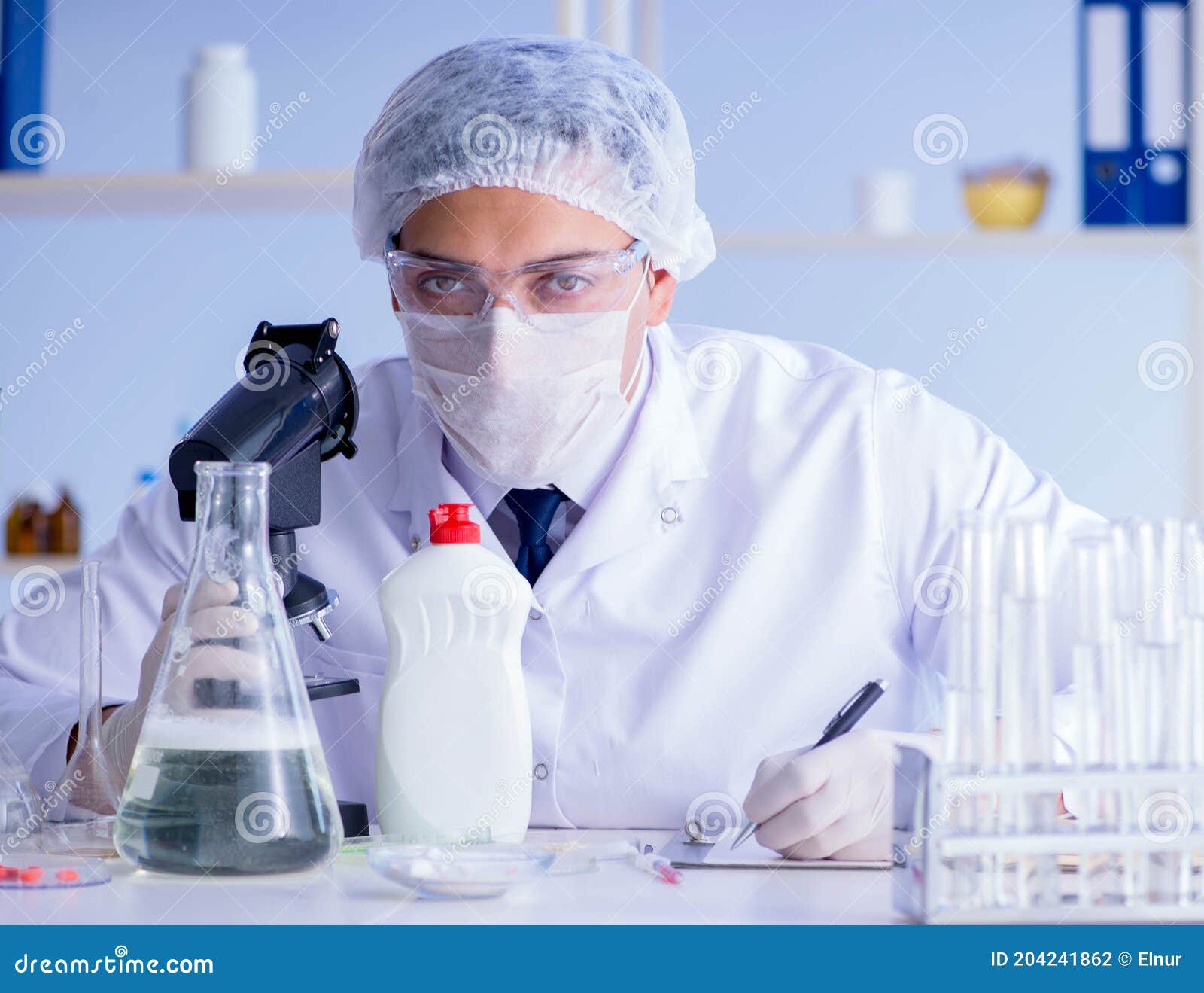 Man in the Lab Testing New Cleaning Solution Detergent Stock Photo ...