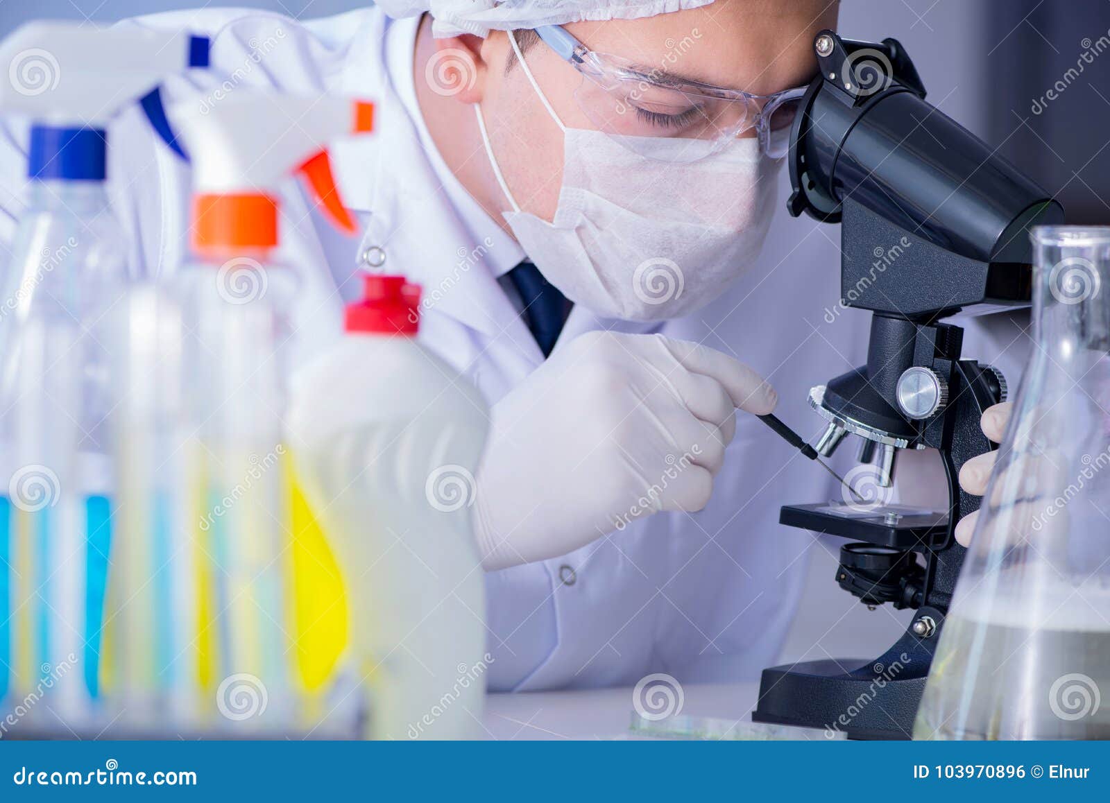 The Man in the Lab Testing New Cleaning Solution Detergent Stock Photo ...