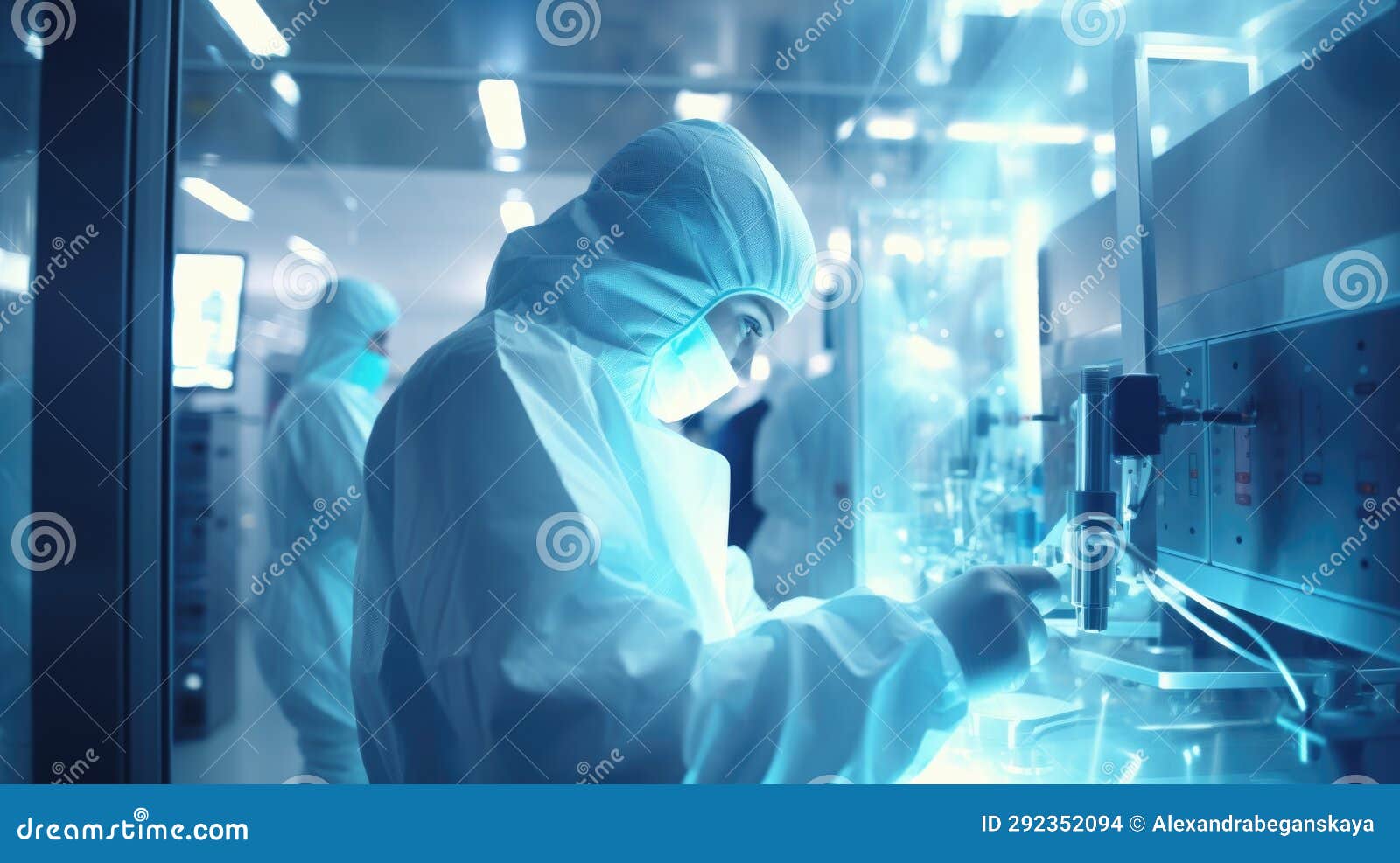 A Man in a Laboratory Suit Stands in a Sterile Room with a Microscope ...