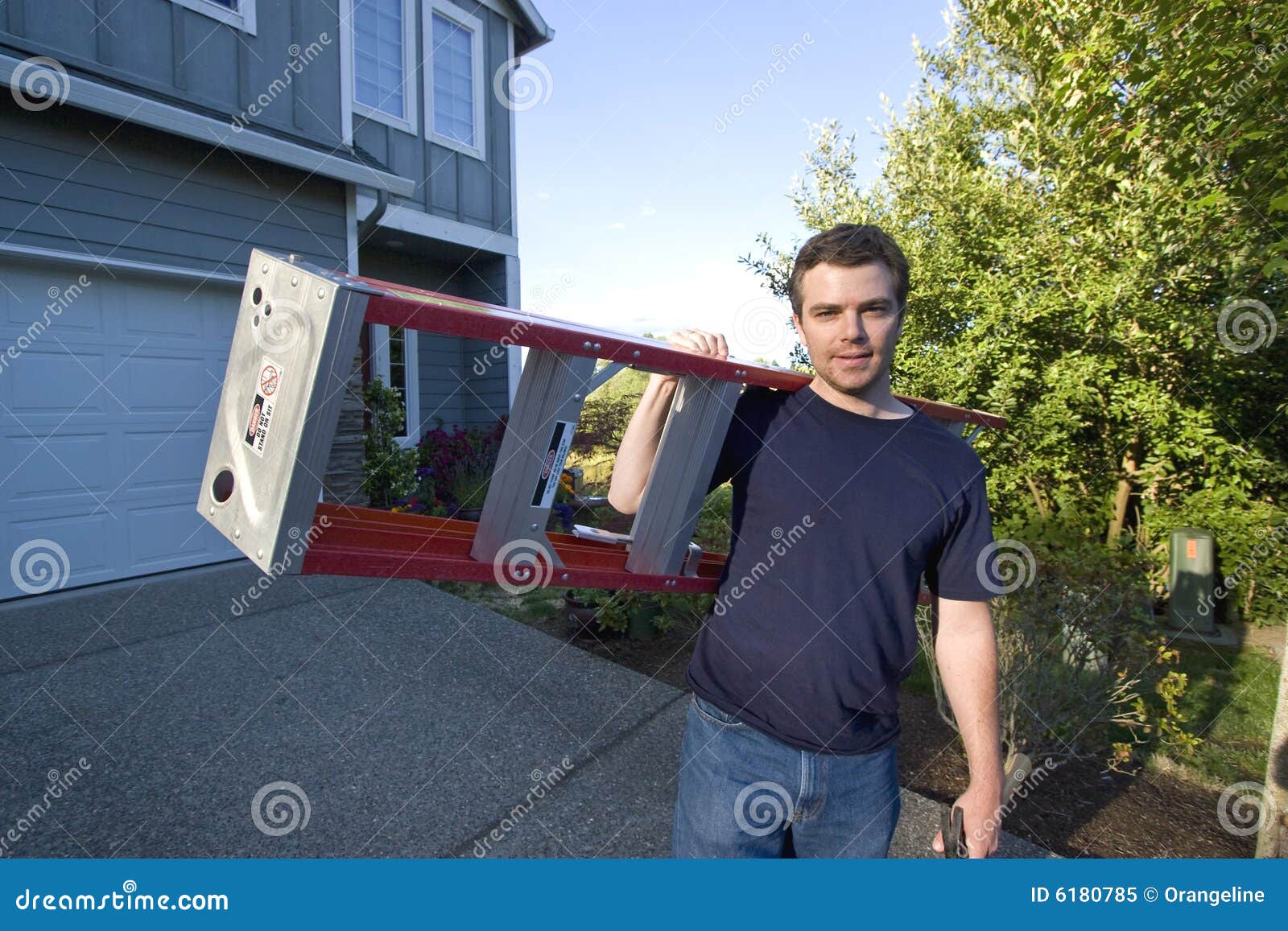 Man with Ladder and Hammer - Horizontal Stock Image - Image of exterior ...