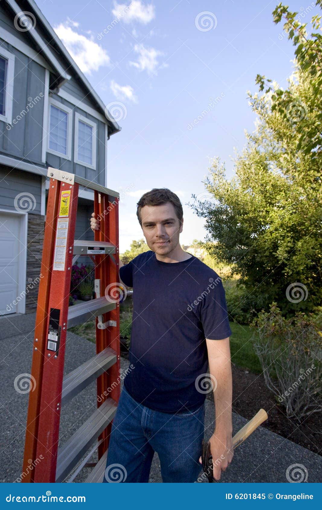 Man with Ladder and Hammer - Horizontal Stock Image - Image of person ...