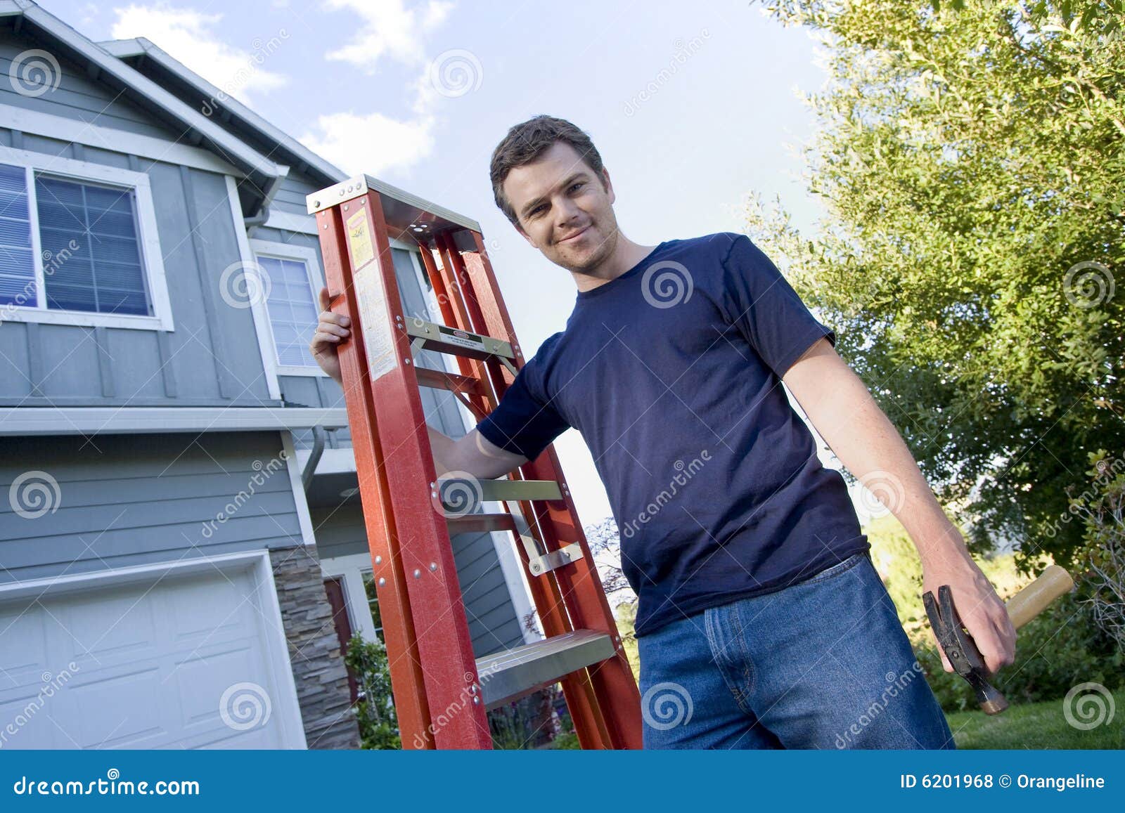 Man with Ladder and Hammer - Horizontal Stock Photo - Image of creased ...