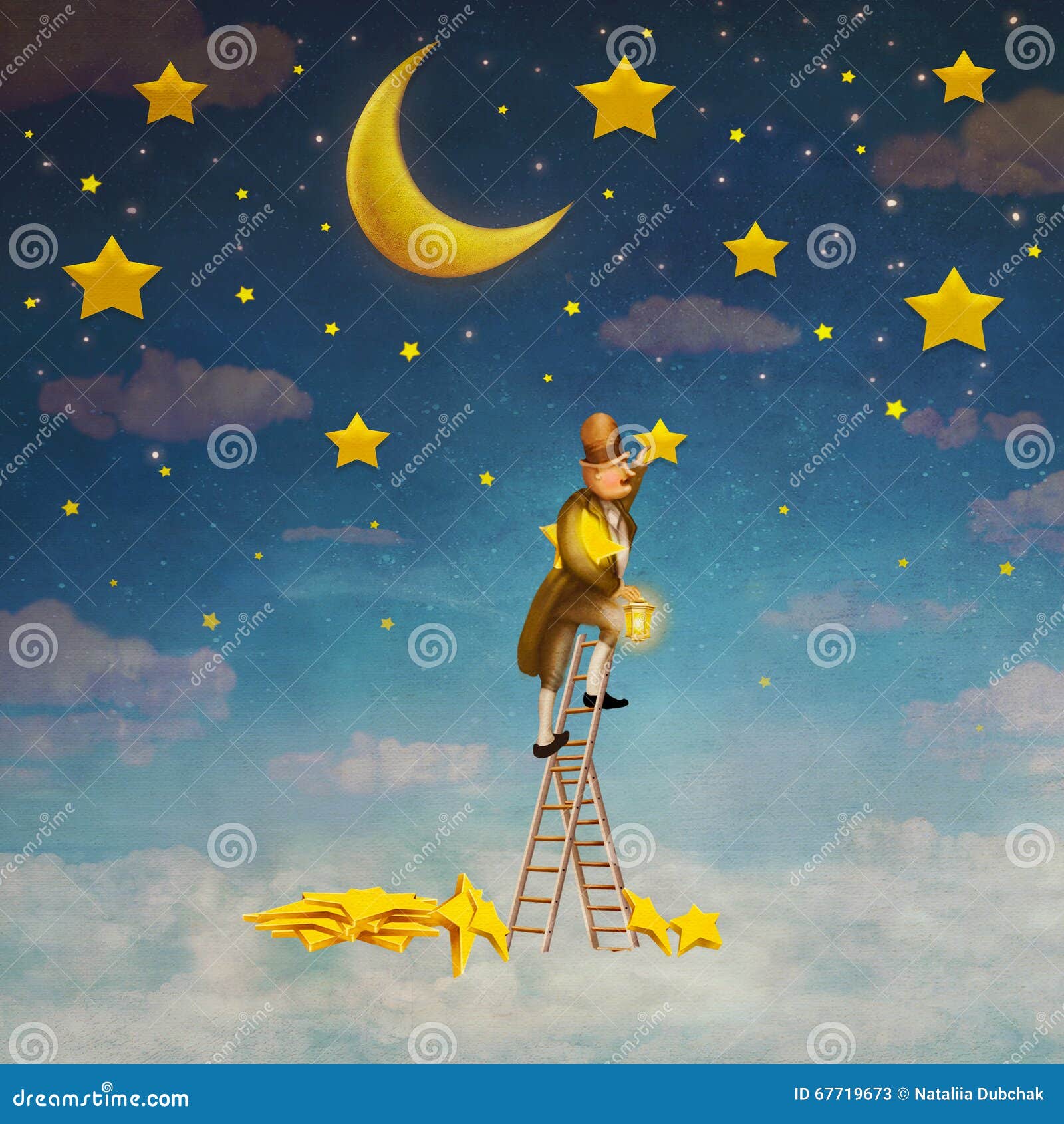 Man on a Ladder Reaching for Stars Stock Illustration - Illustration of ...