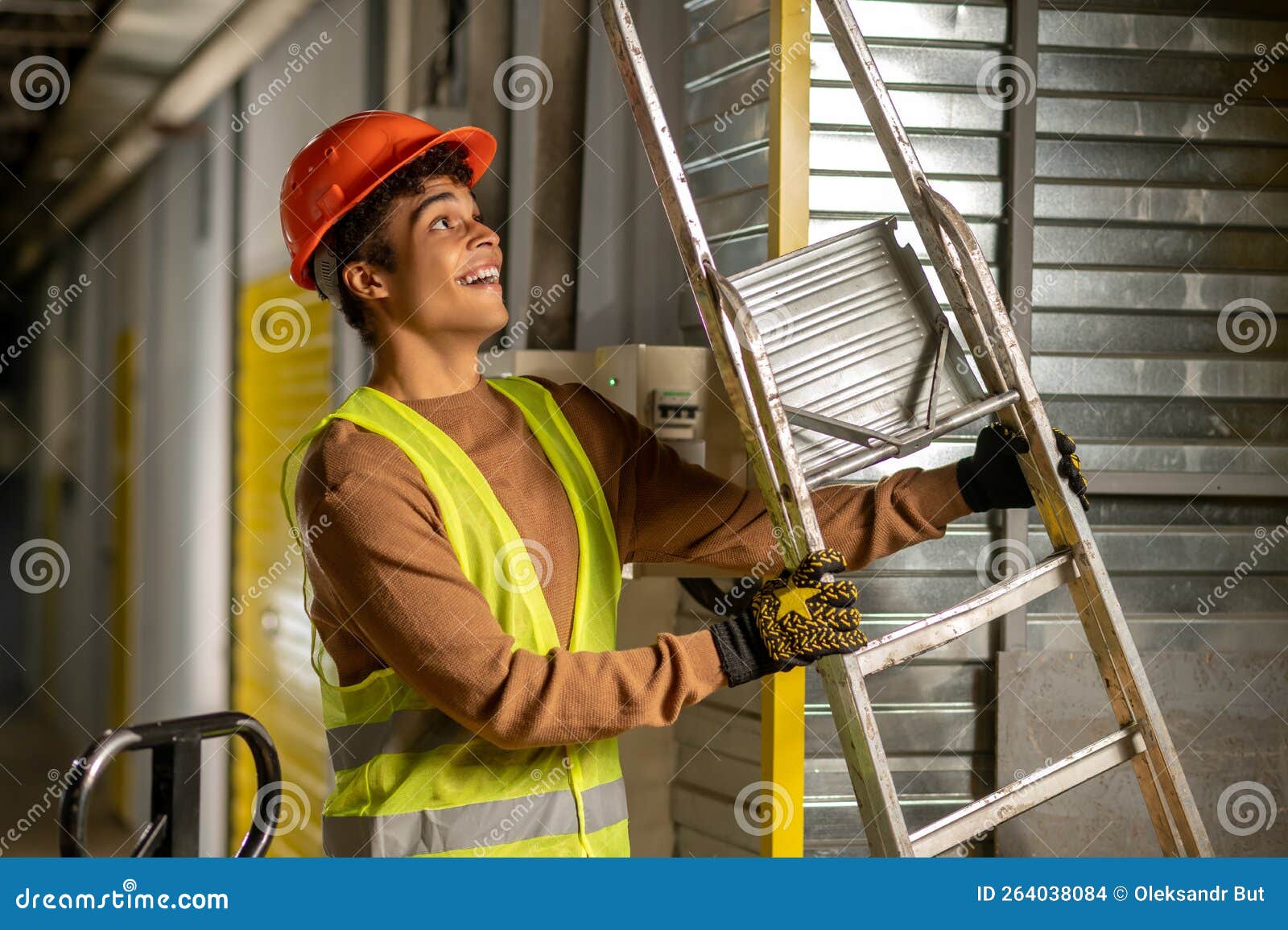Smiling Warehouse Worker with the Ladder Stock Photo - Image of ...