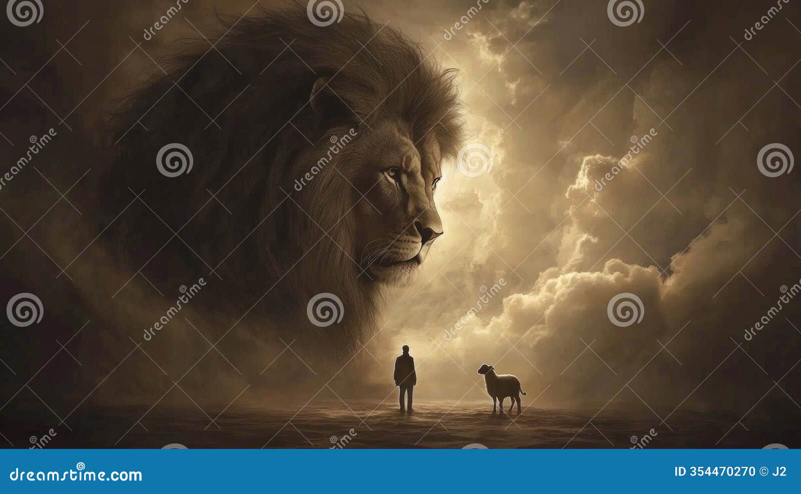 Man and Lamb Facing Majestic Lion Amidst Clouds Stock Photo - Image of ...