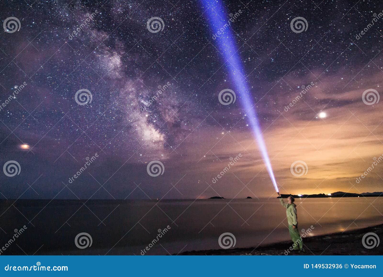 Man with Lantern Under Starry Sky and Milky Way Stock Photo - Image of ...