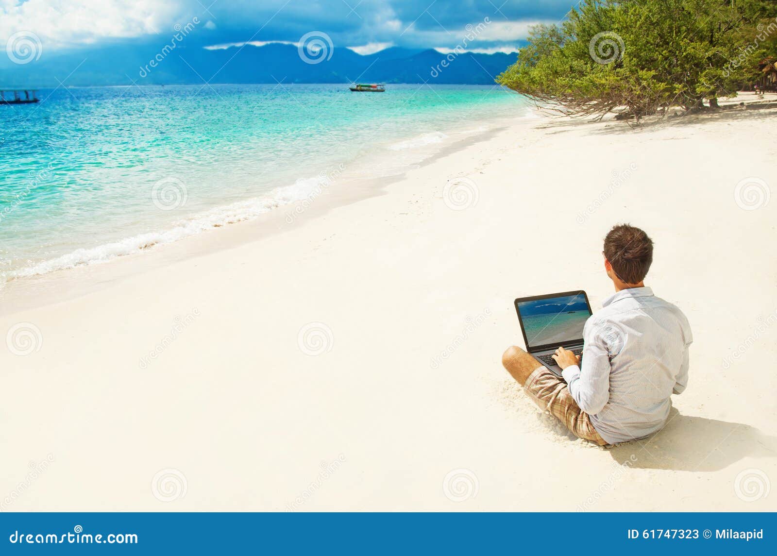 Man with Laptop on Colorful Beach Stock Image - Image of concept ...