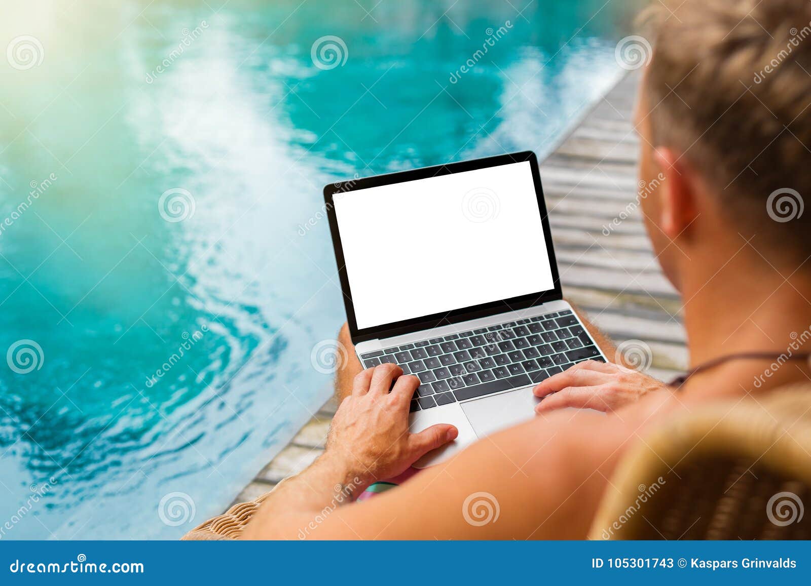 Man with Laptop Computer by the Pool Stock Image - Image of notebook ...