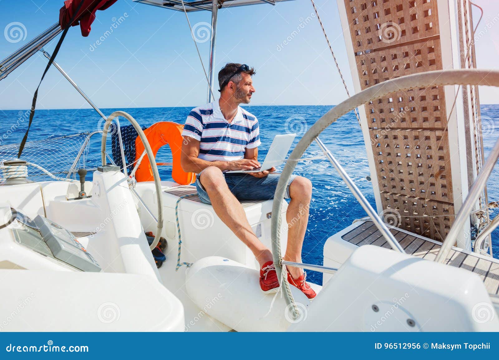 Man with Laptop Computer on Sailboat Stock Photo - Image of business ...