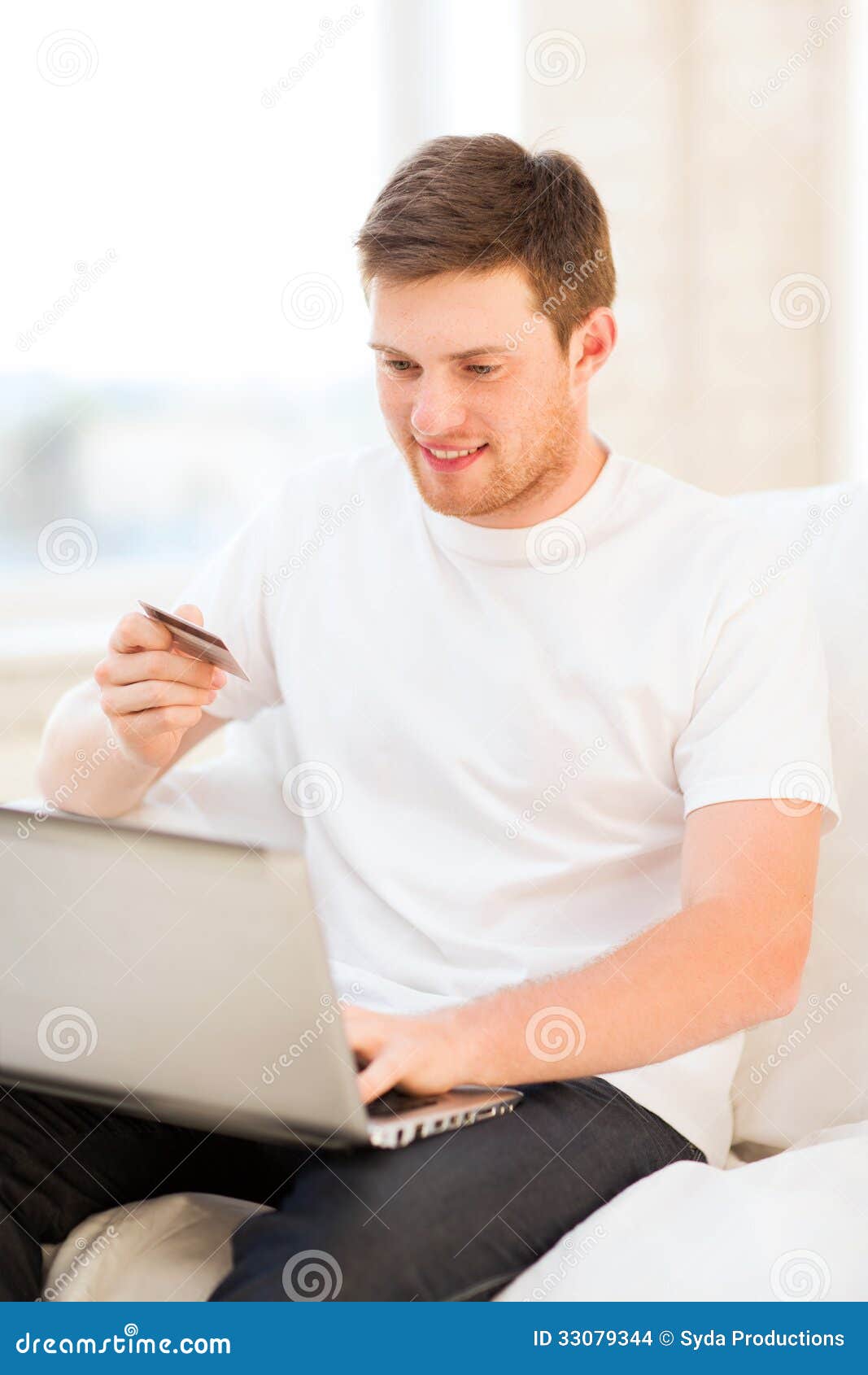 Man with Laptop and Credit Card at Home Stock Photo - Image of digital ...