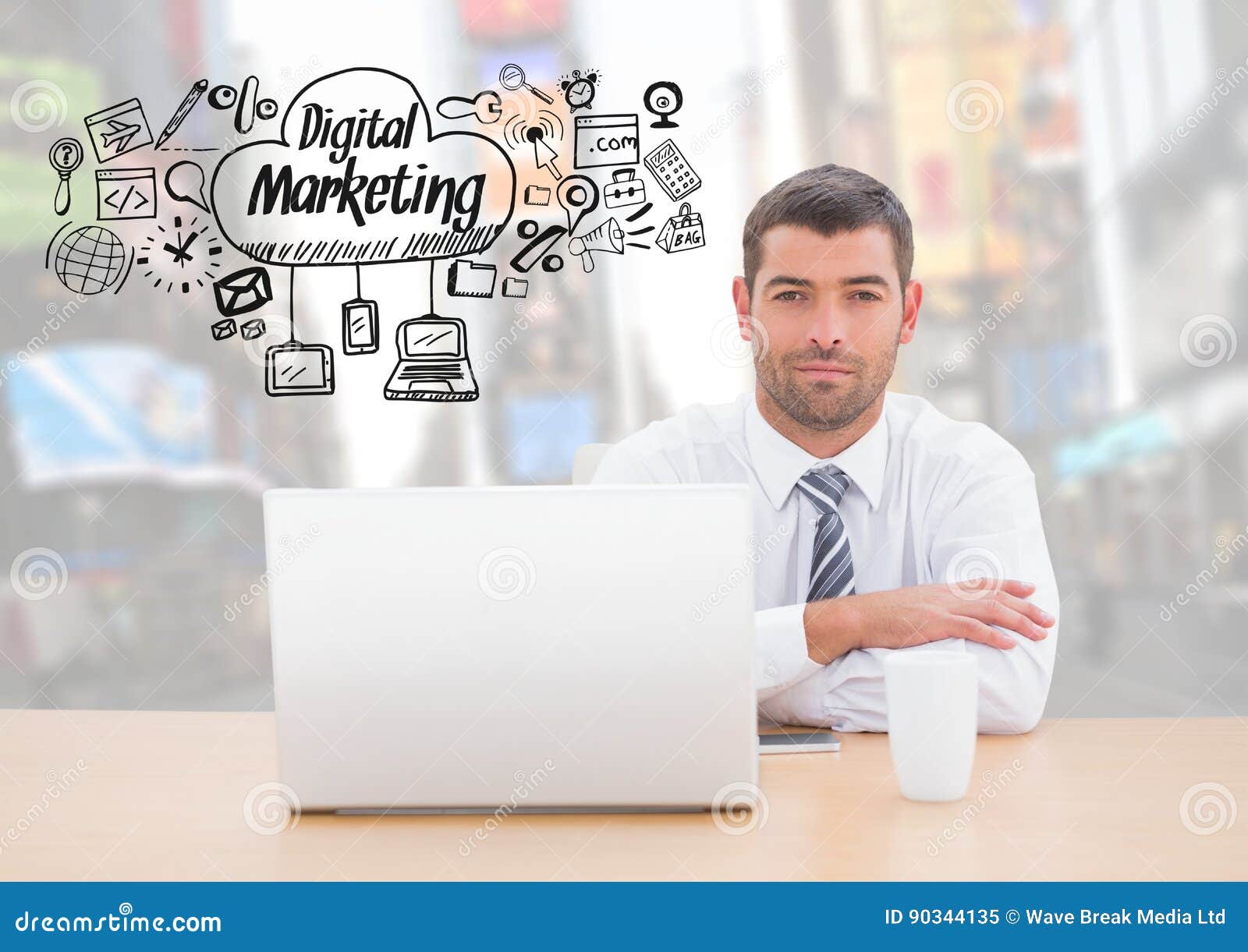 Man with Laptop and Digital Marketing Text with Drawings Graphics Stock ...