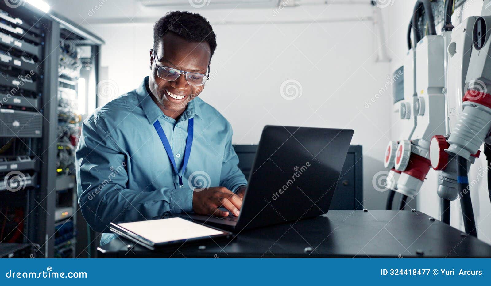 Man, Laptop and Engineer Coding in Server Room, Firmwear Update and ...