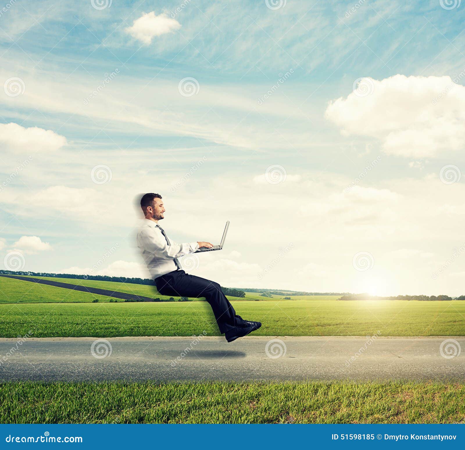 Man with Laptop Flying Over the Road Stock Image - Image of road ...