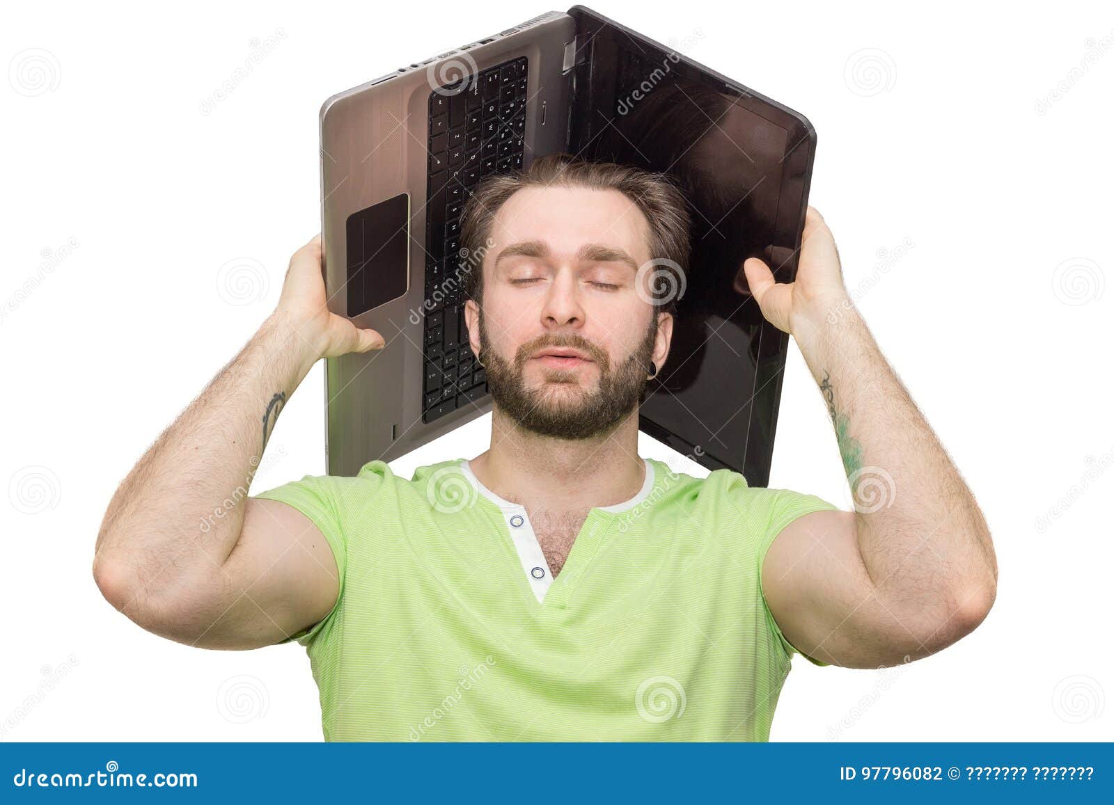 Man with Laptop on His Head Stock Photo - Image of professional, bored ...