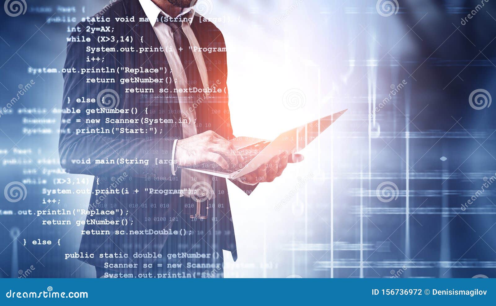 Man with Laptop and Lines of Code Stock Photo - Image of java ...