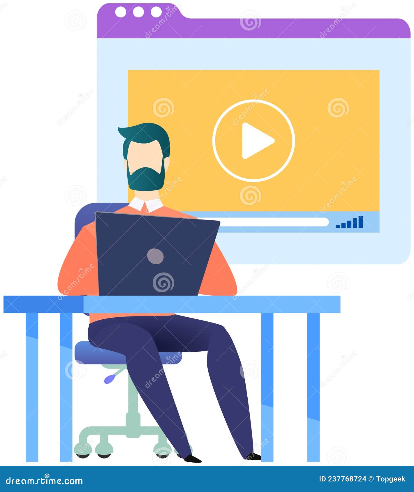 Man with Laptop Looking at Video Tutorial on Screen. Male Character ...