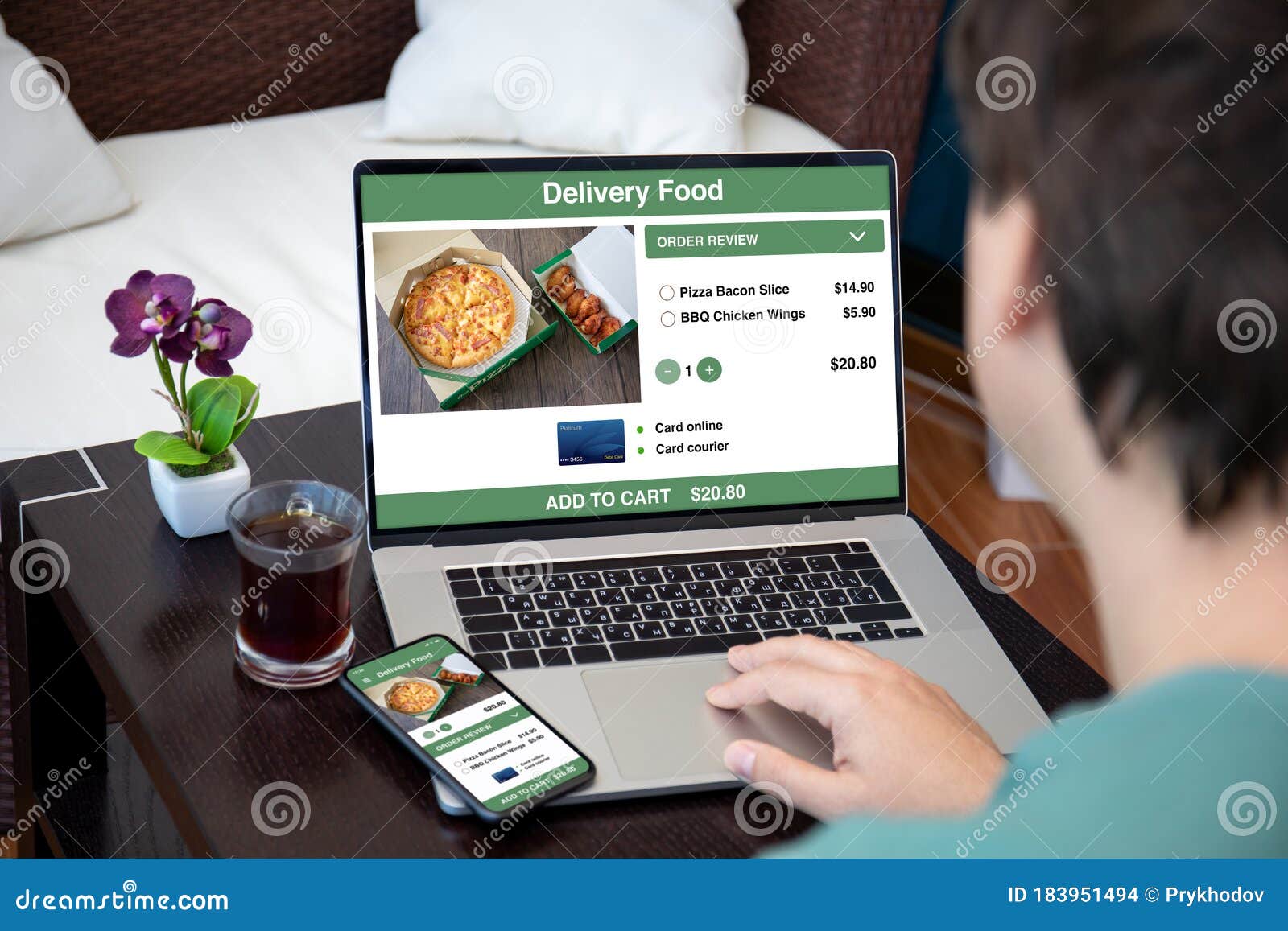 Man with Laptop and Phone with Food Delivery Application Stock Photo ...