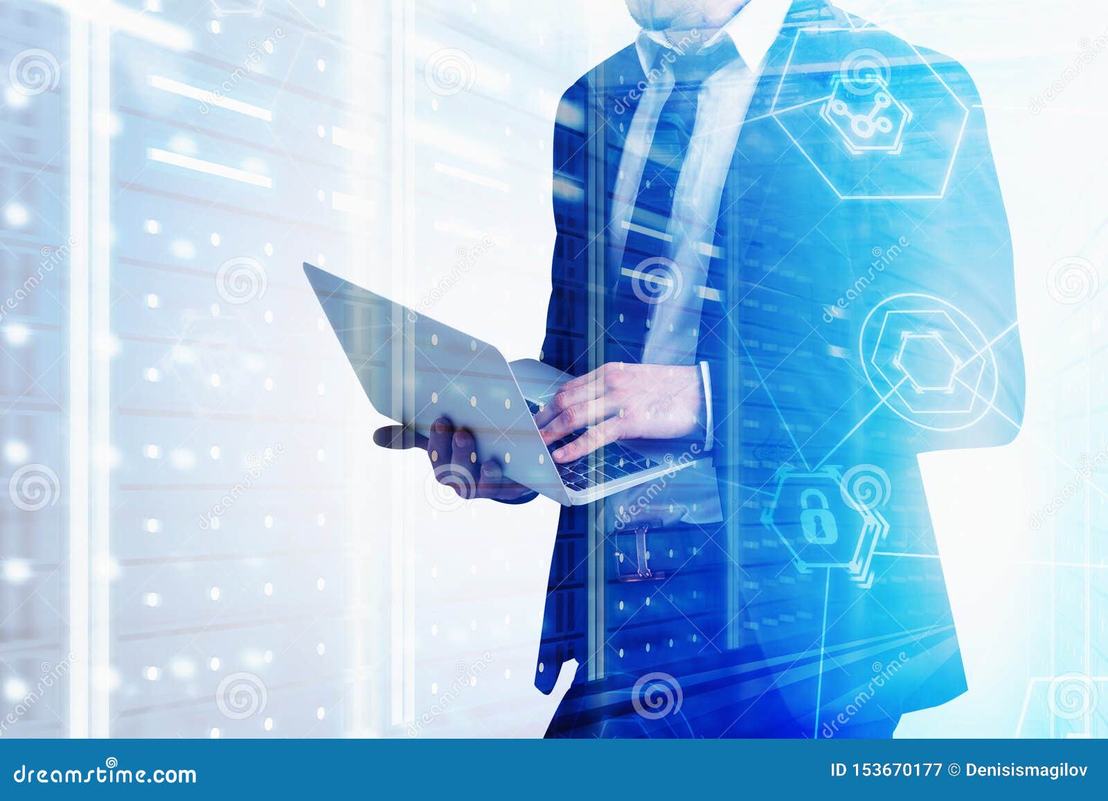 Man with Laptop in Server Room, Cyber Security Stock Image - Image of ...