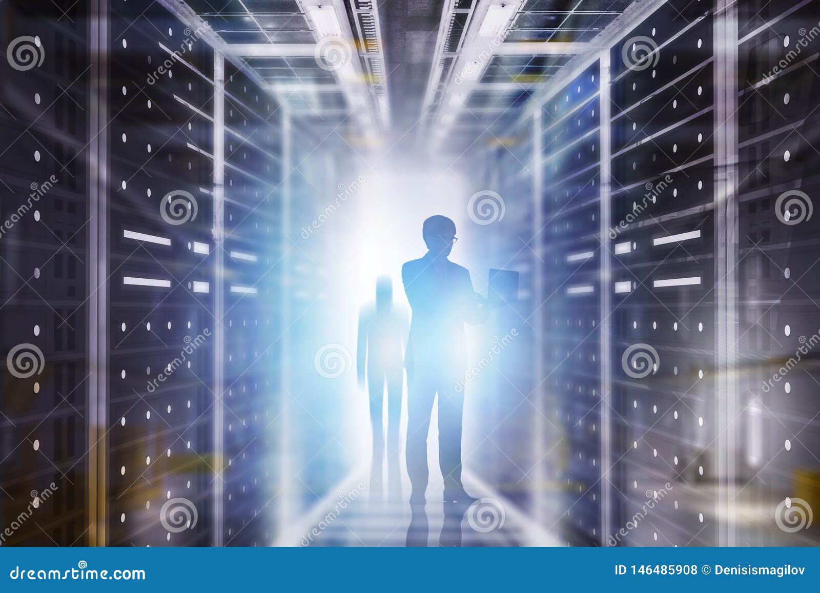 Man with Laptop in Server Room Interior Stock Illustration ...