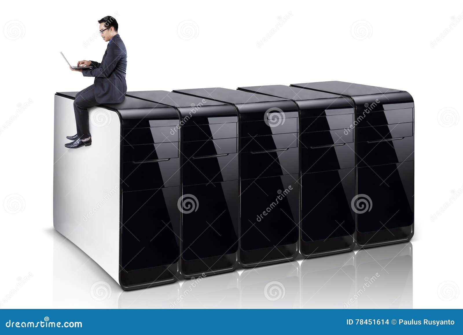 Man with Laptop Sits on Computer Servers Stock Photo - Image of online ...