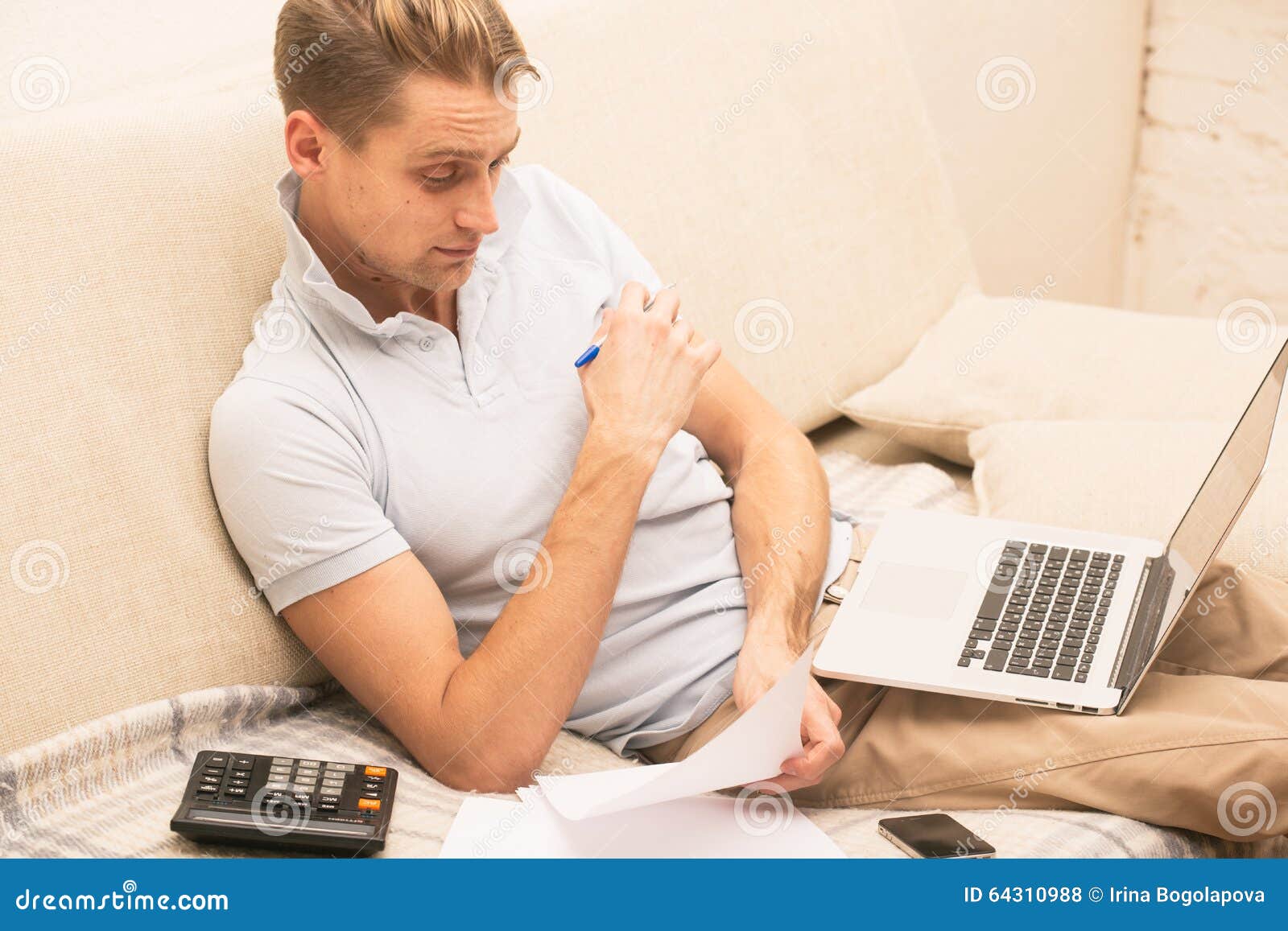 Man with Laptop on Sofa at Home Work Stock Photo - Image of adult ...