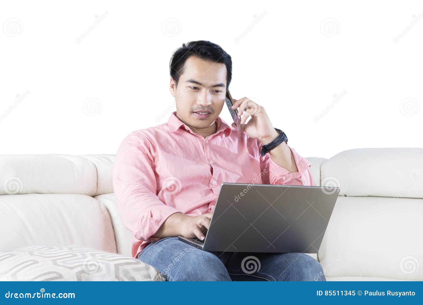 Man with Laptop Talking on Smartphone Stock Image - Image of male ...