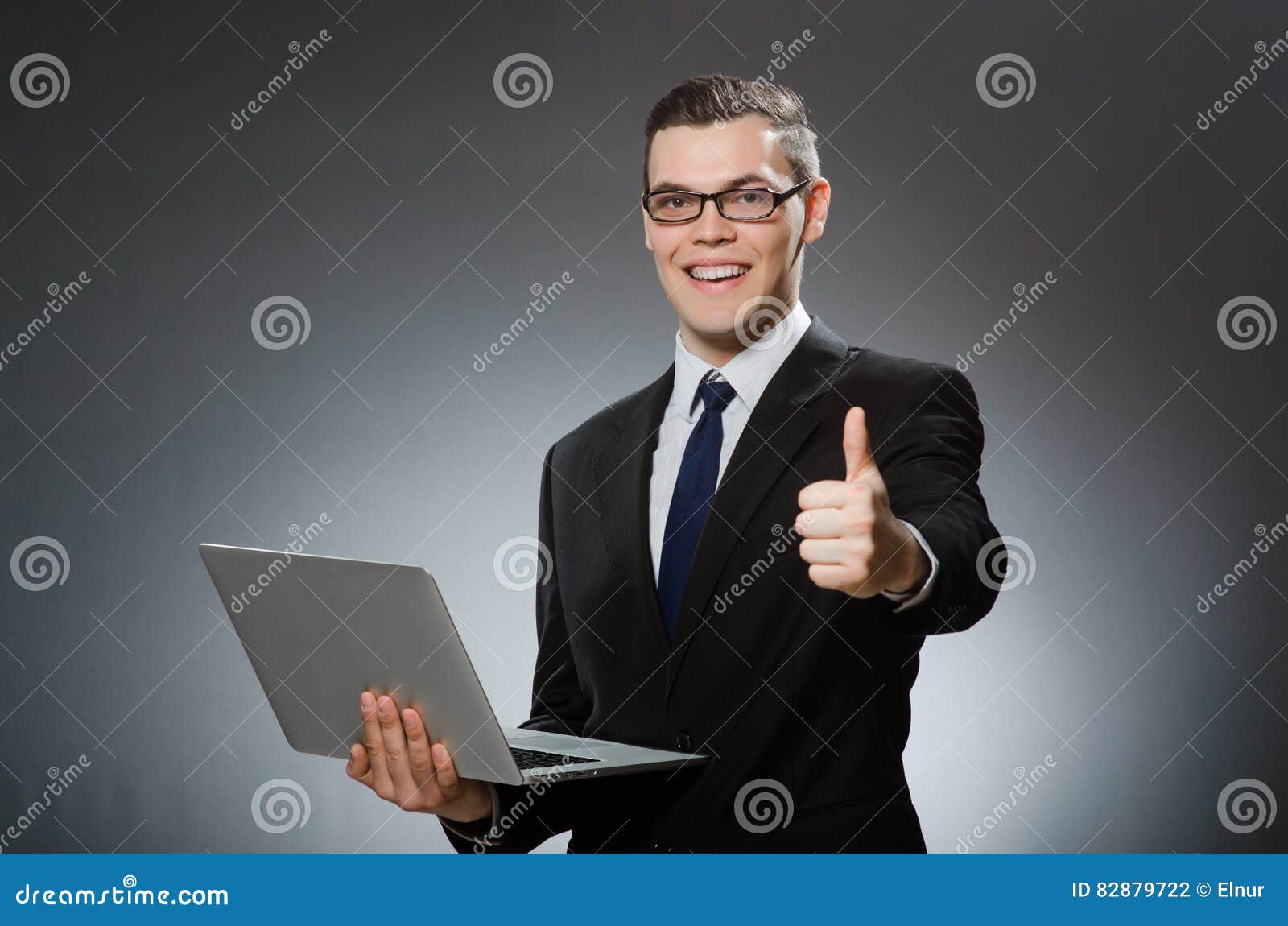 The Man with Laptop and Thumbs Up Stock Photo - Image of communication ...
