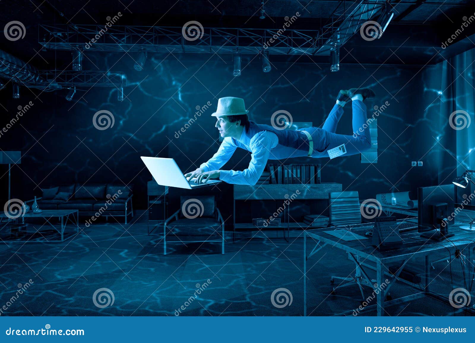 Man with Laptop Underwater . Mixed Media Stock Image - Image of happy ...