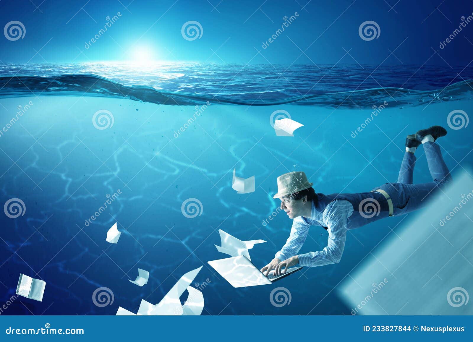 Man with Laptop Underwater . Mixed Media Stock Photo - Image of webinar ...